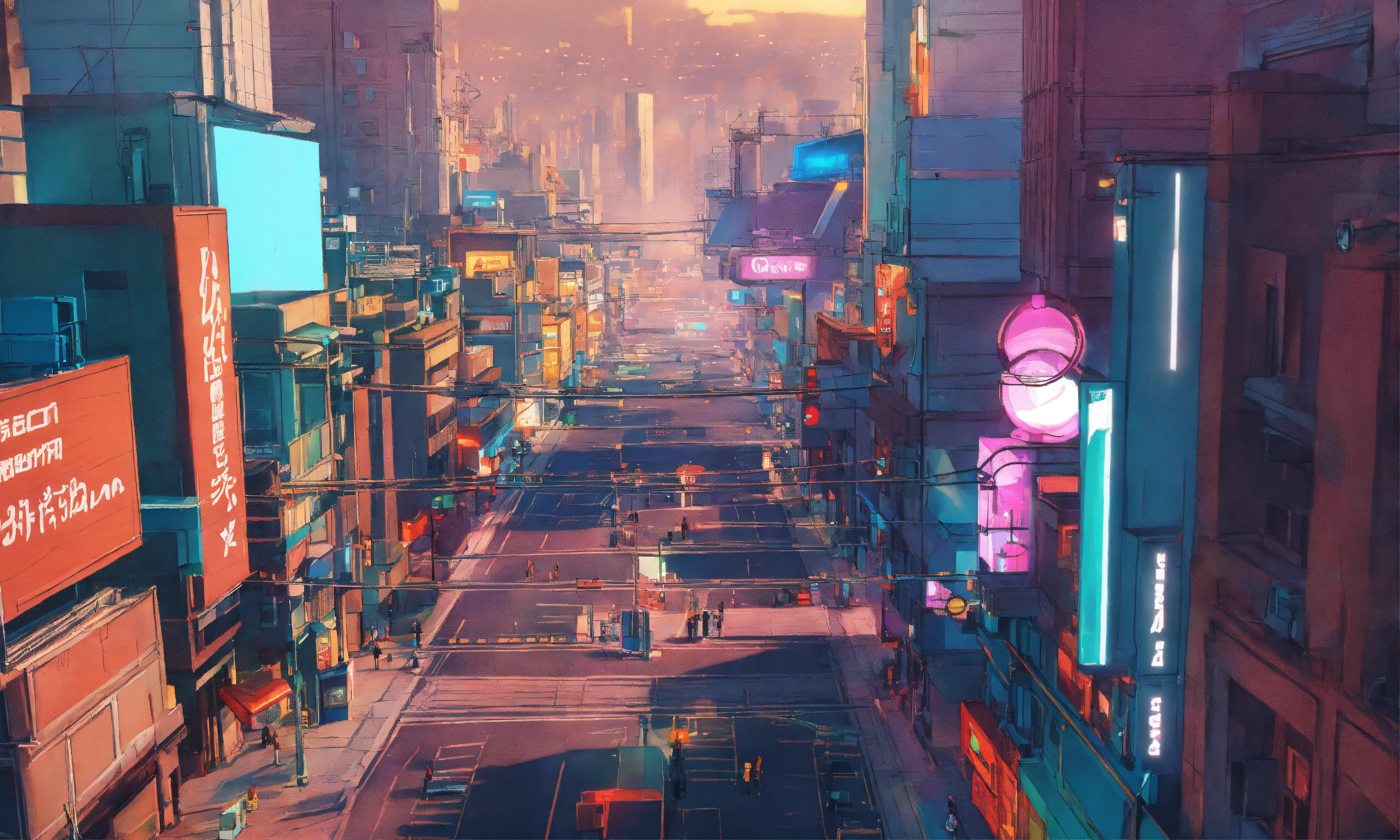 Lexica - 80s anime style, overhead shot of futuristic downtown streets
