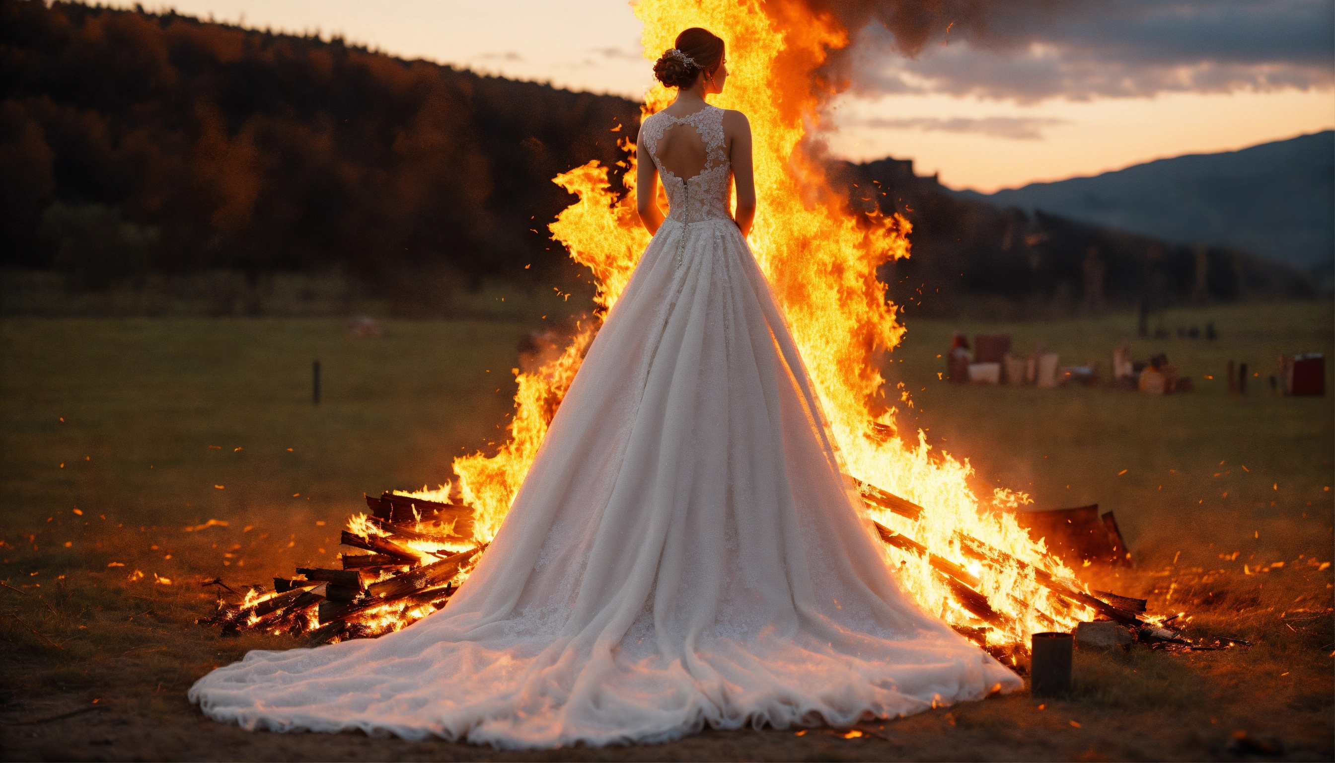 Lexica - A wedding dress burning in a bonfire, high quality, 8k, cinematic