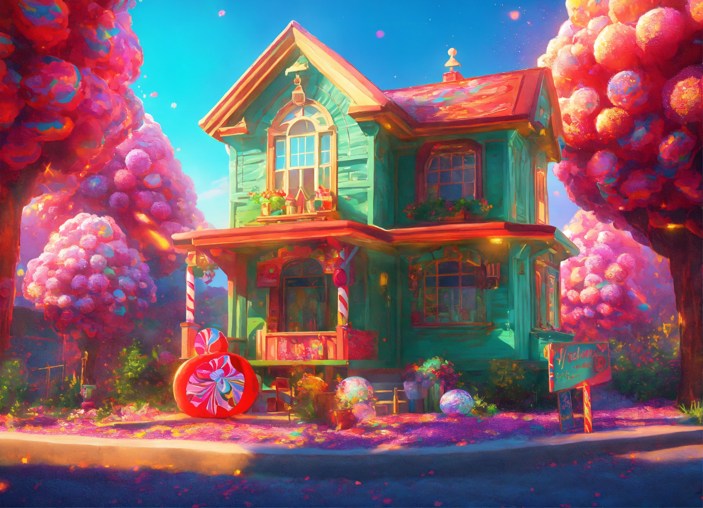 Lexica - Traditional cute Peppermint house with a blank welcome sign in ...