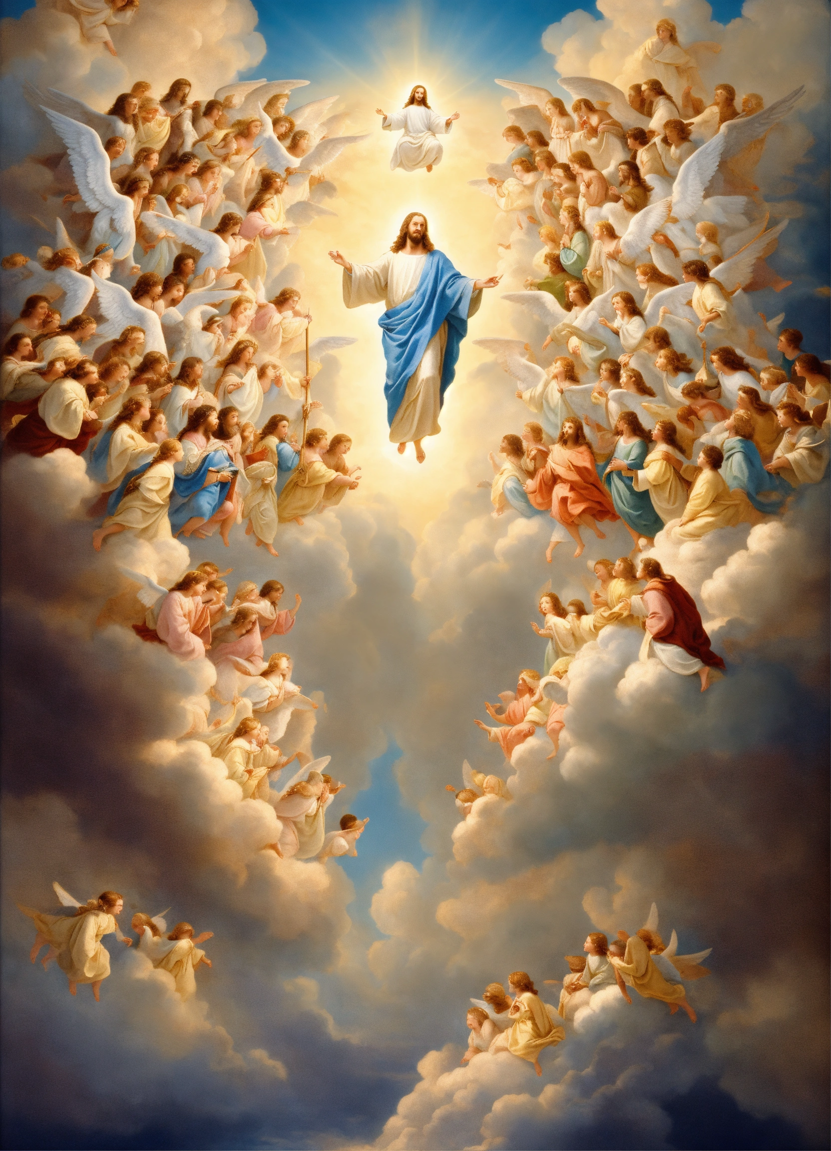 Lexica - Jesus on the clouds with 100 angels, coming out of heaven with ...