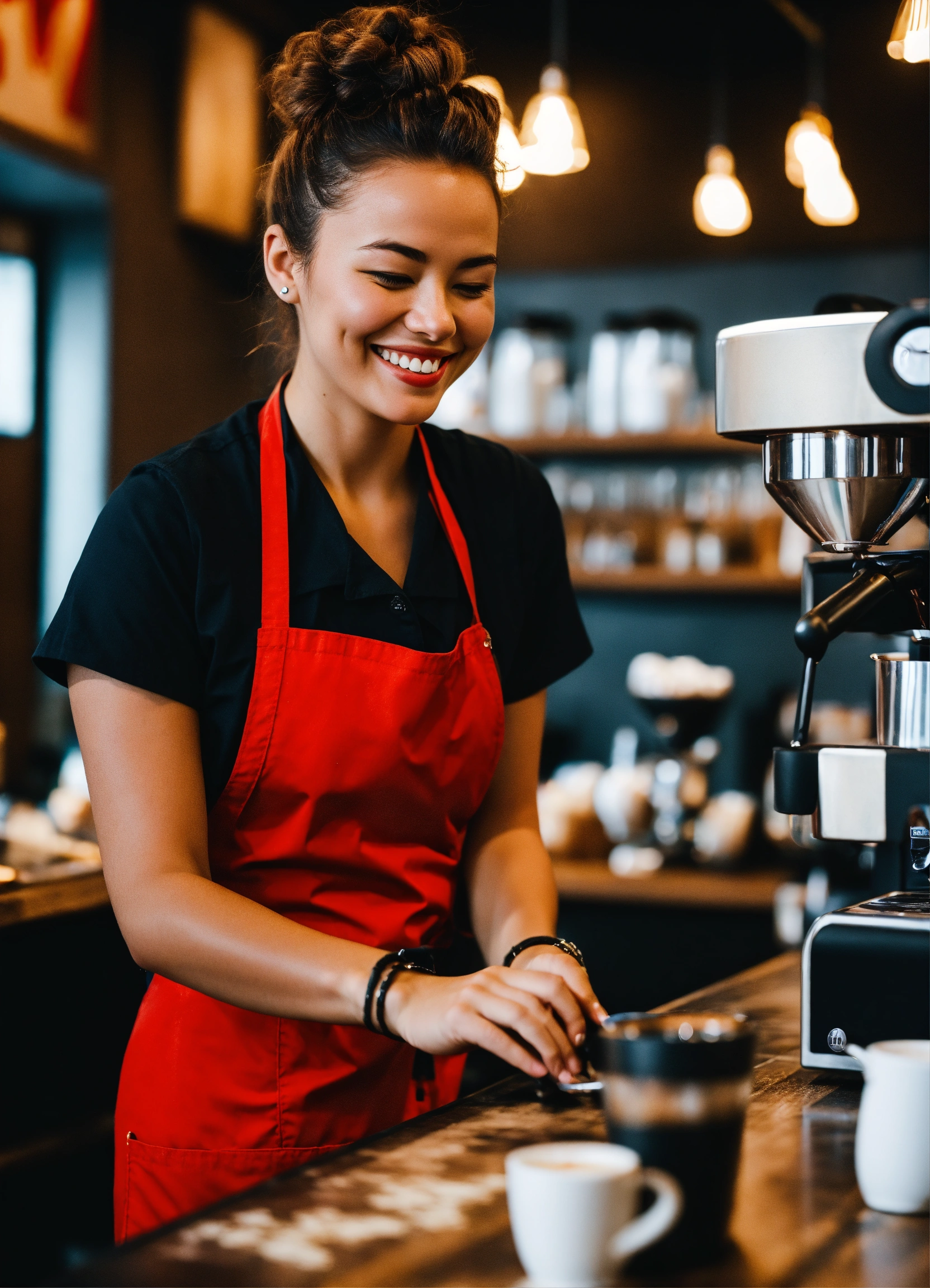 Lexica - Barista lady smiling while working low angle shot