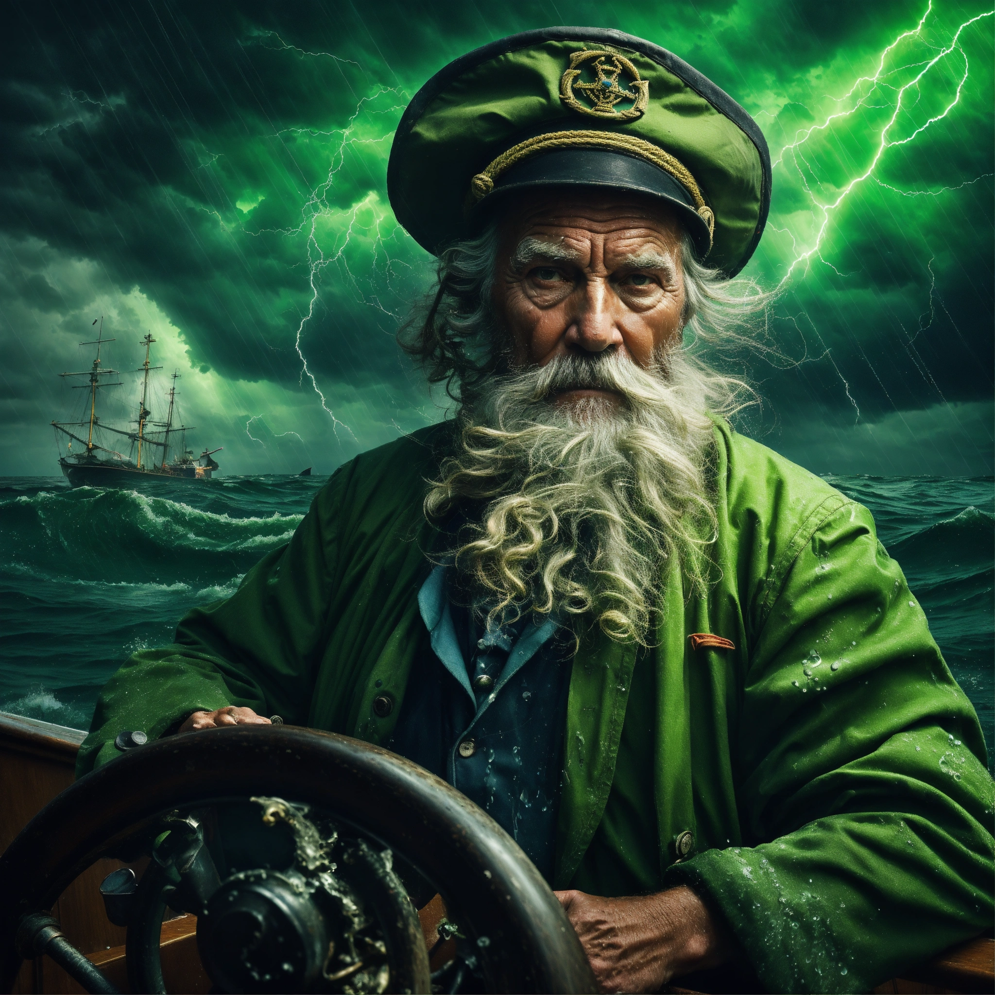 Lexica - Determined old sea captain, weathered face, steering his ship ...