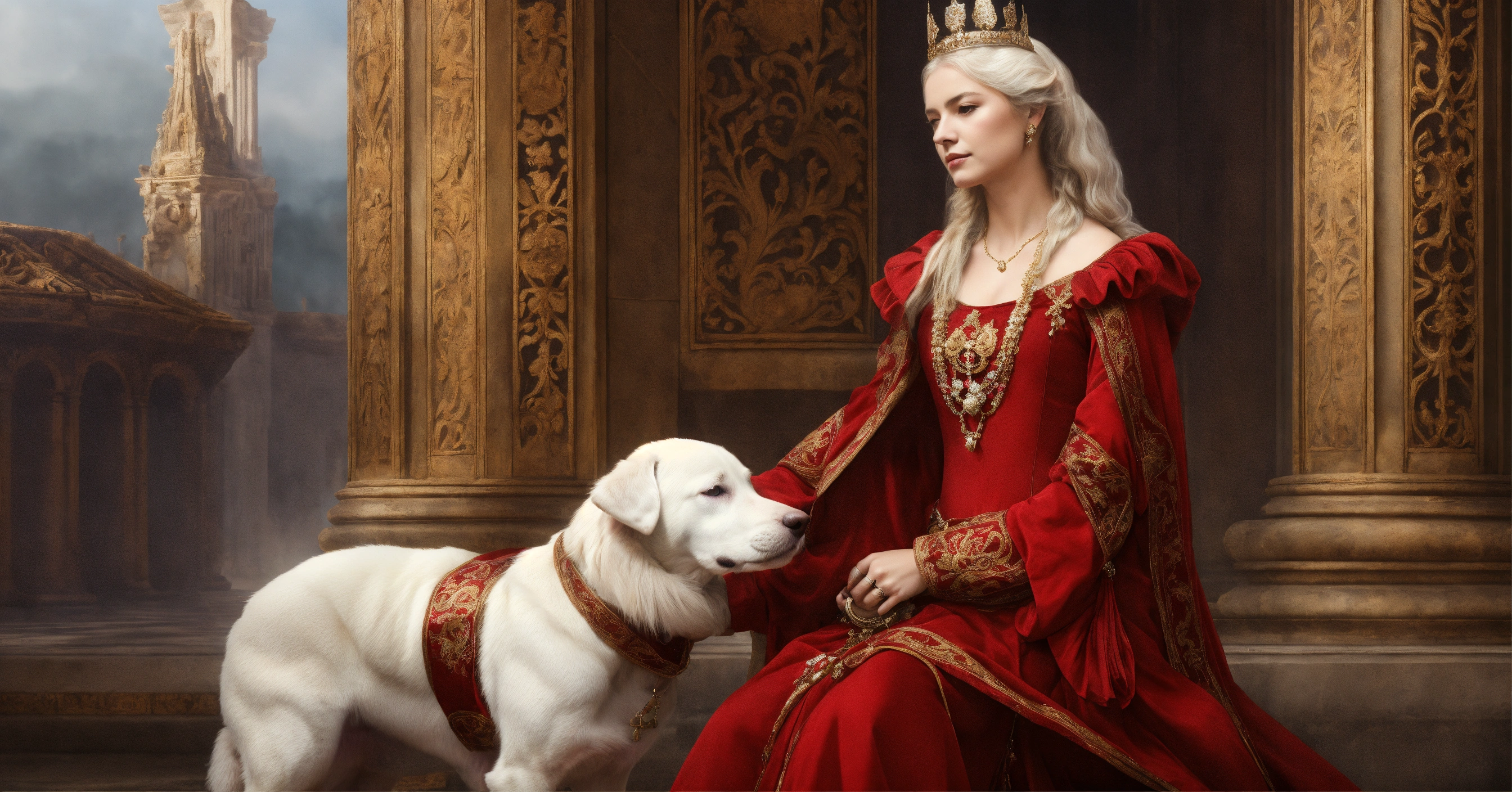 Lexica - Ancient queen European , wear red costume, hug a white dog ...