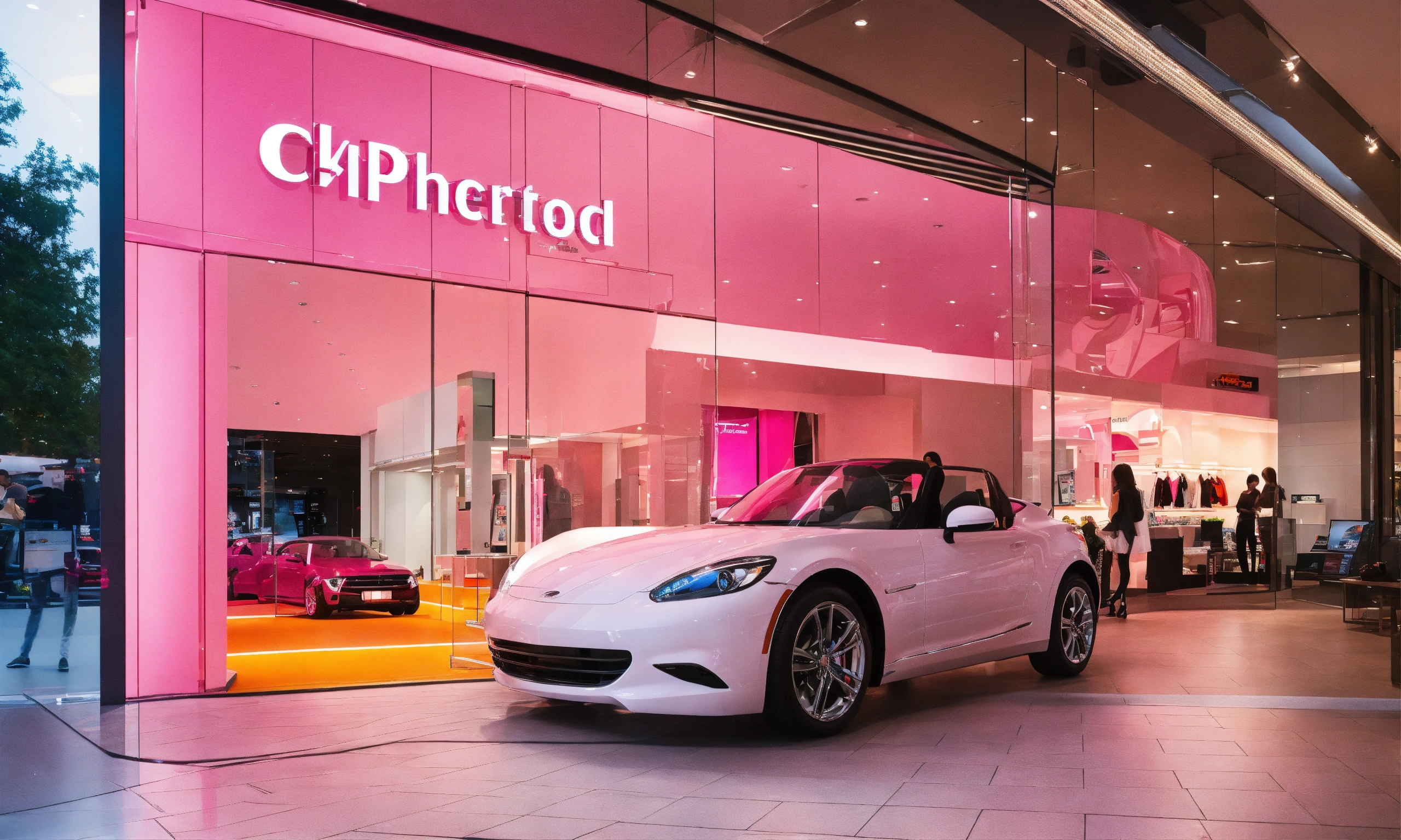 Lexica - Indoor, mall, car rental store, pink car, with large glass ...