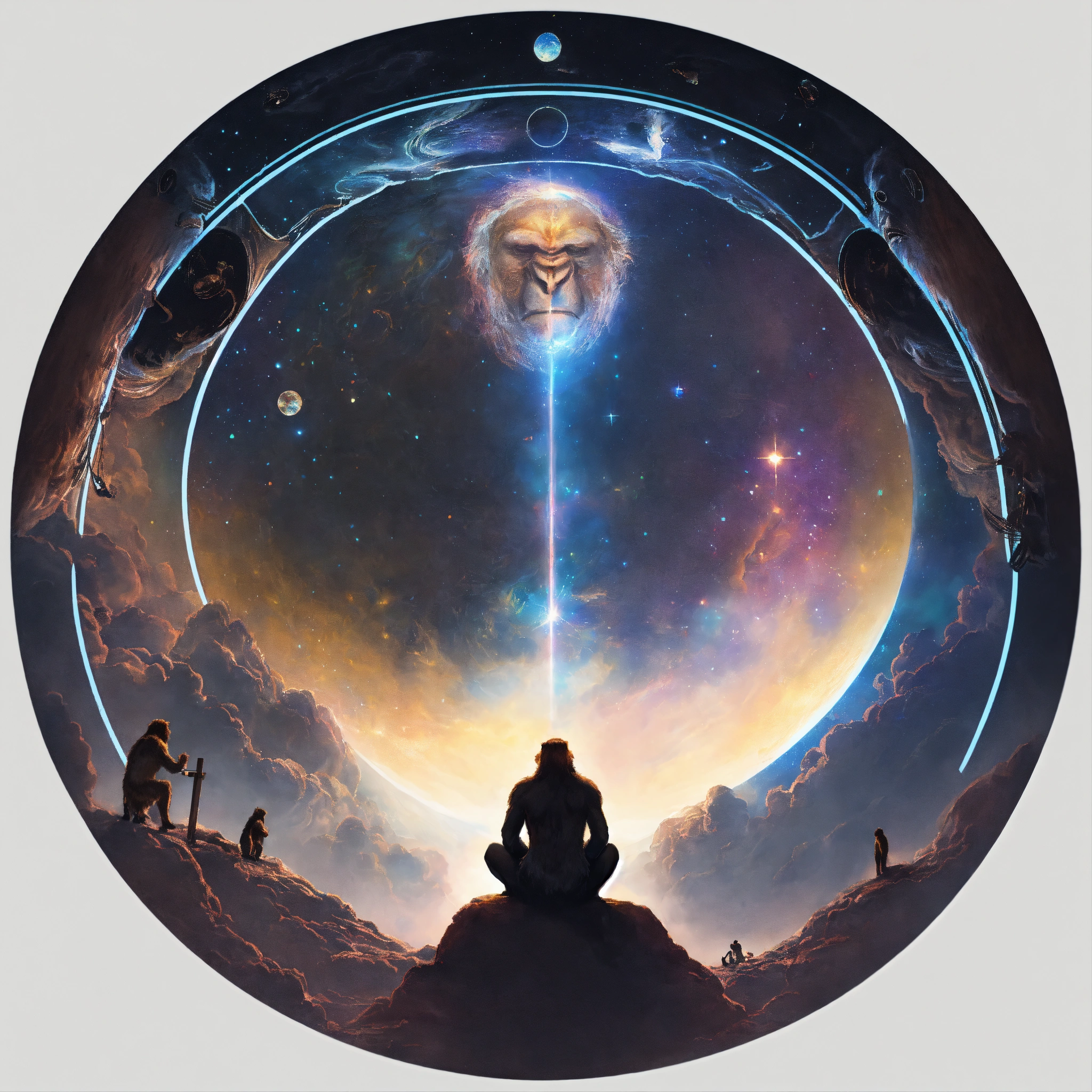 Lexica - Apes praying to human god in space, in circle image ...