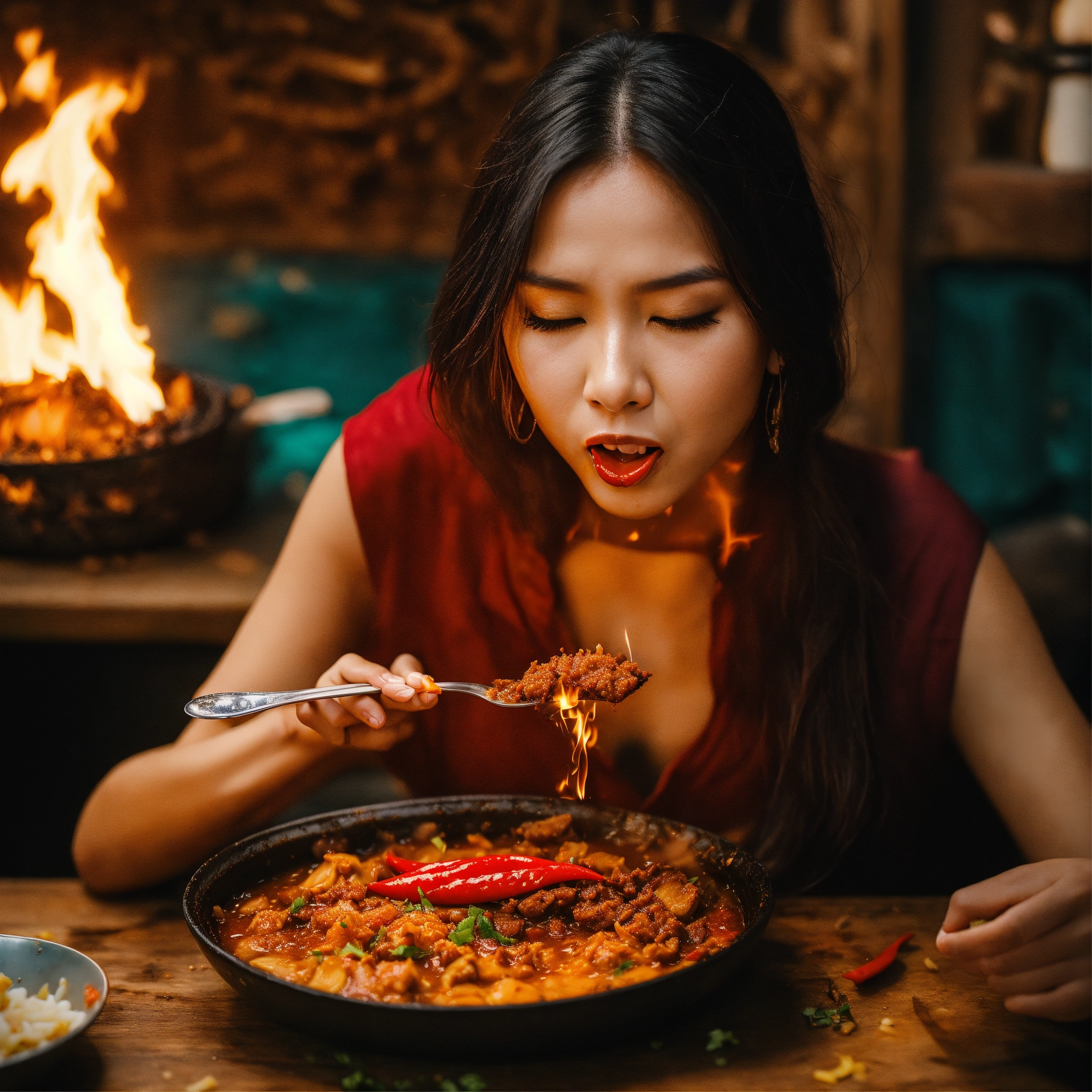 Lexica - A woman eating spicy food, tongue is burning, include fire ...