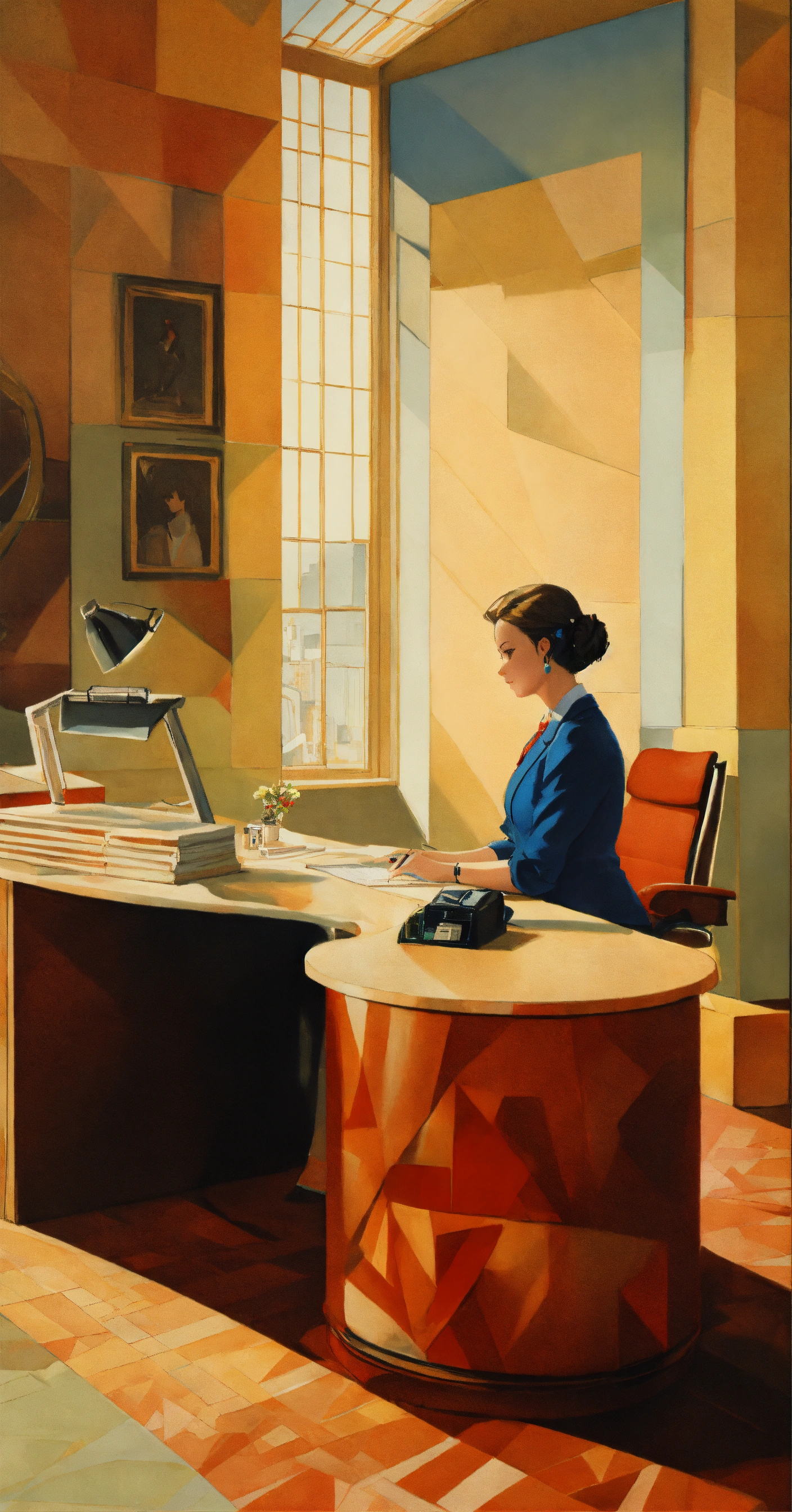 Lexica - Wide angle, geometric, Female receptionist, sitting at desk ...