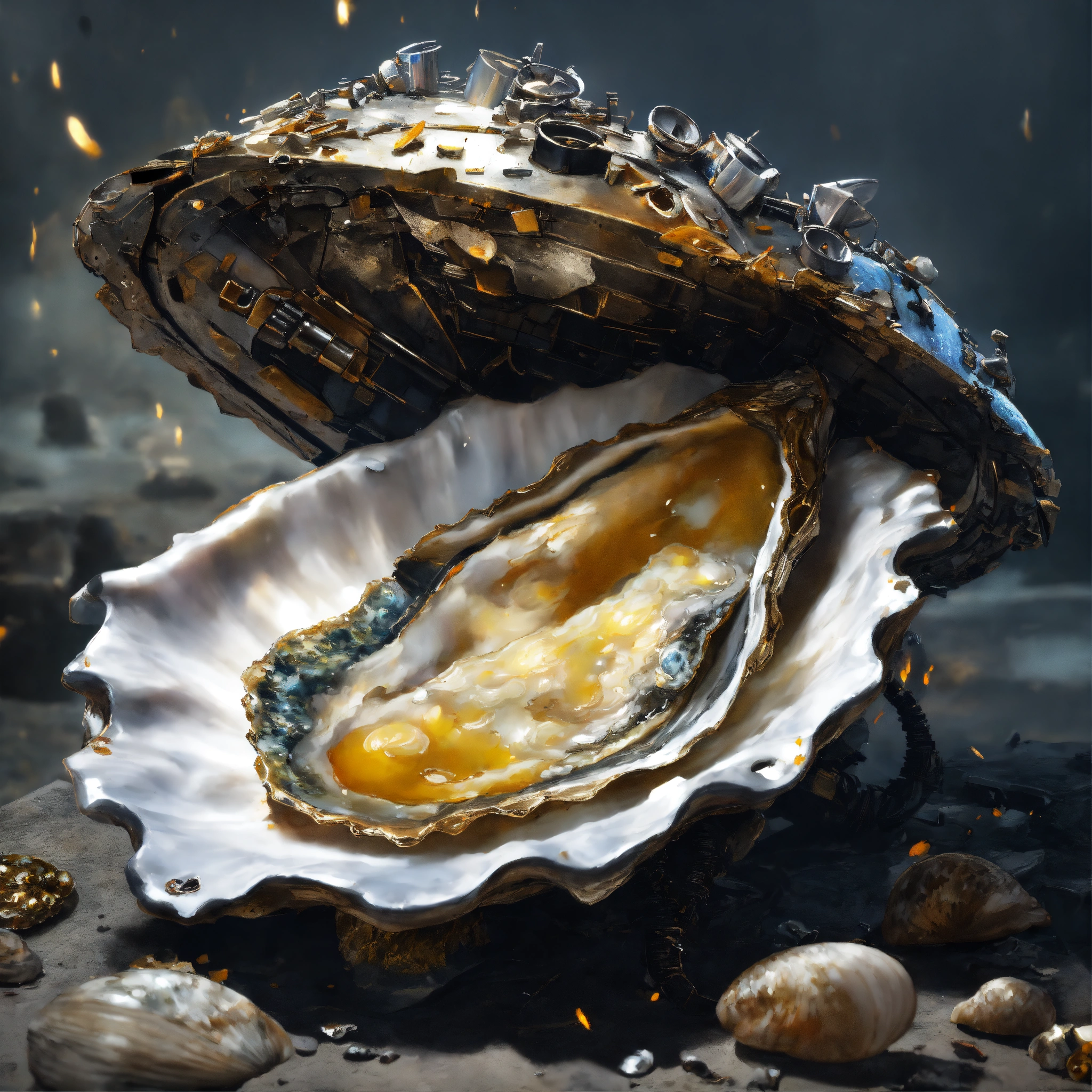 Lexica - Concept art of an oyster covered in metal scrap guns armor ...