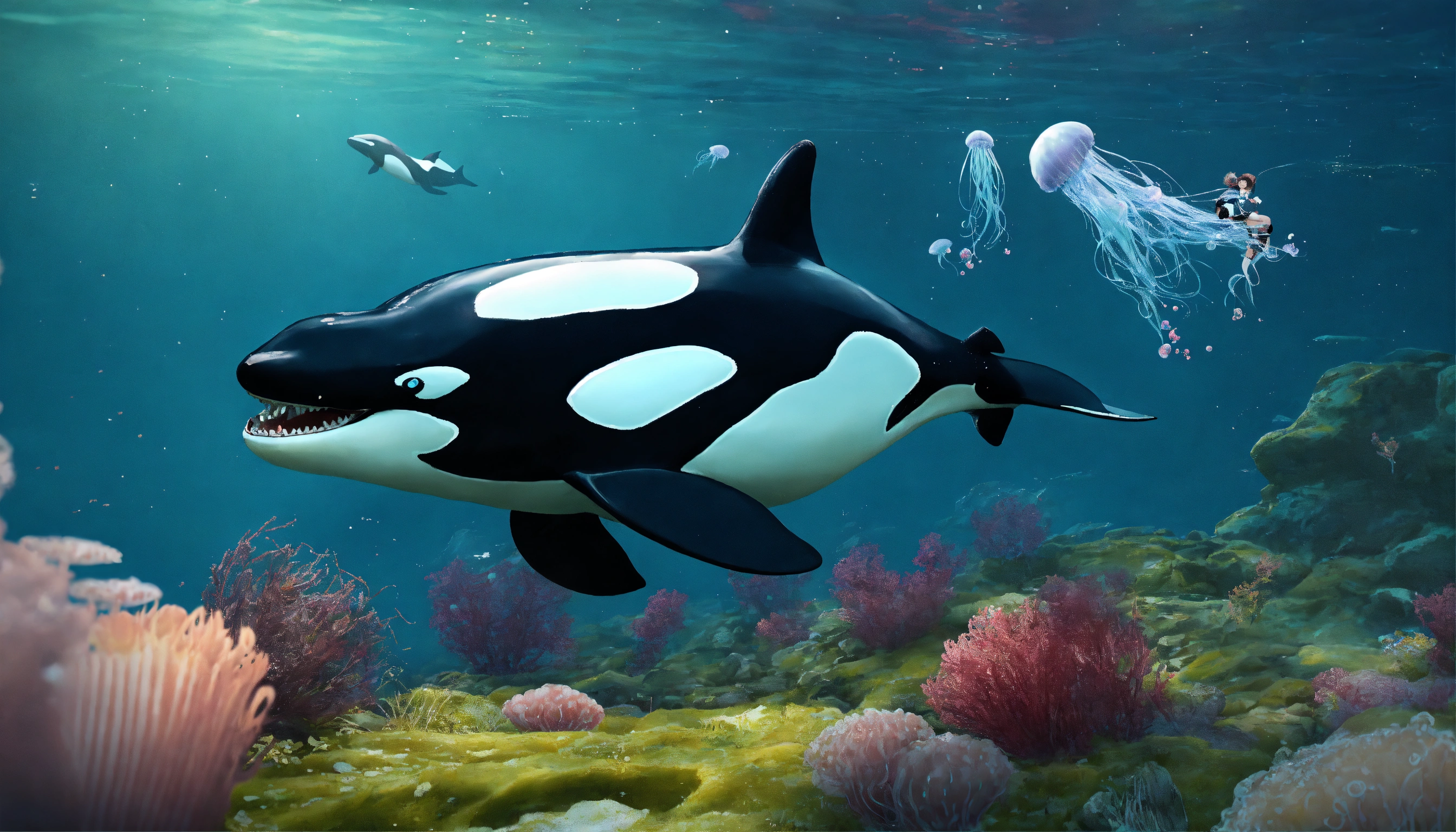 Lexica - An adorable orca dancing joyfully with her jellyfish ...
