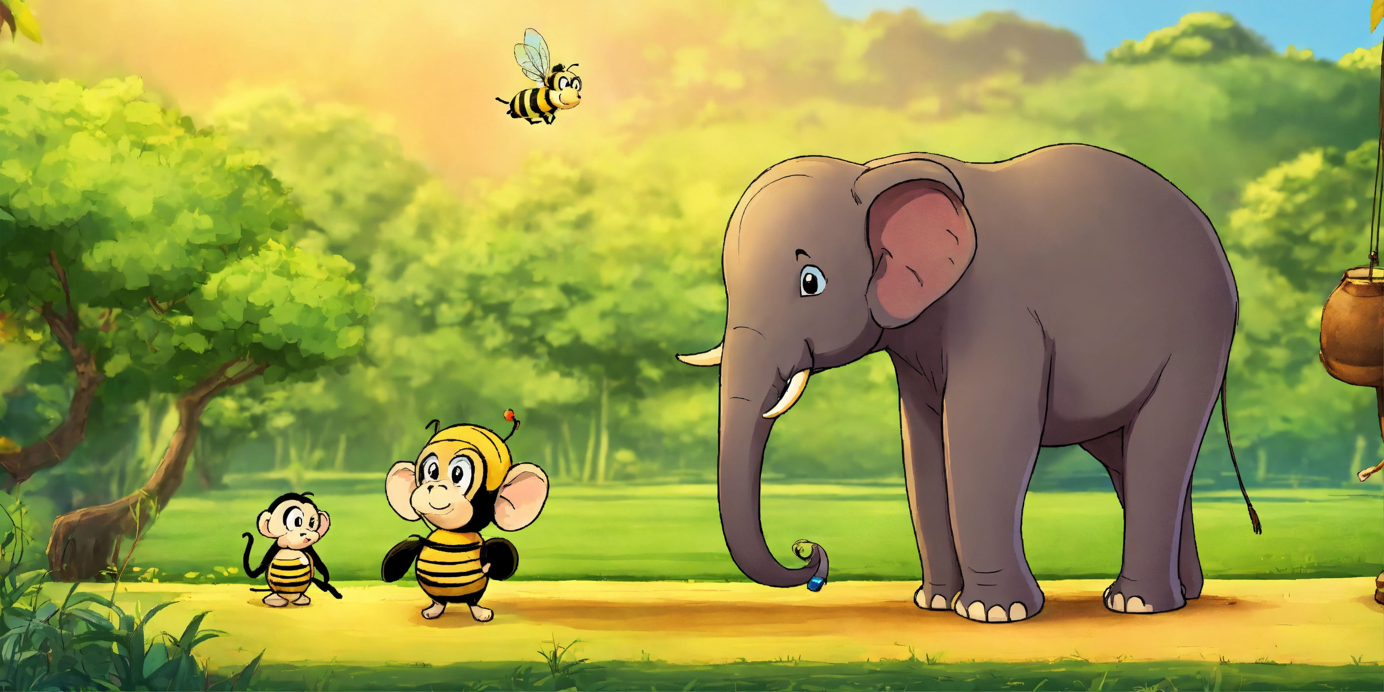 Lexica - Bee watching small monkey and elephant cartoon