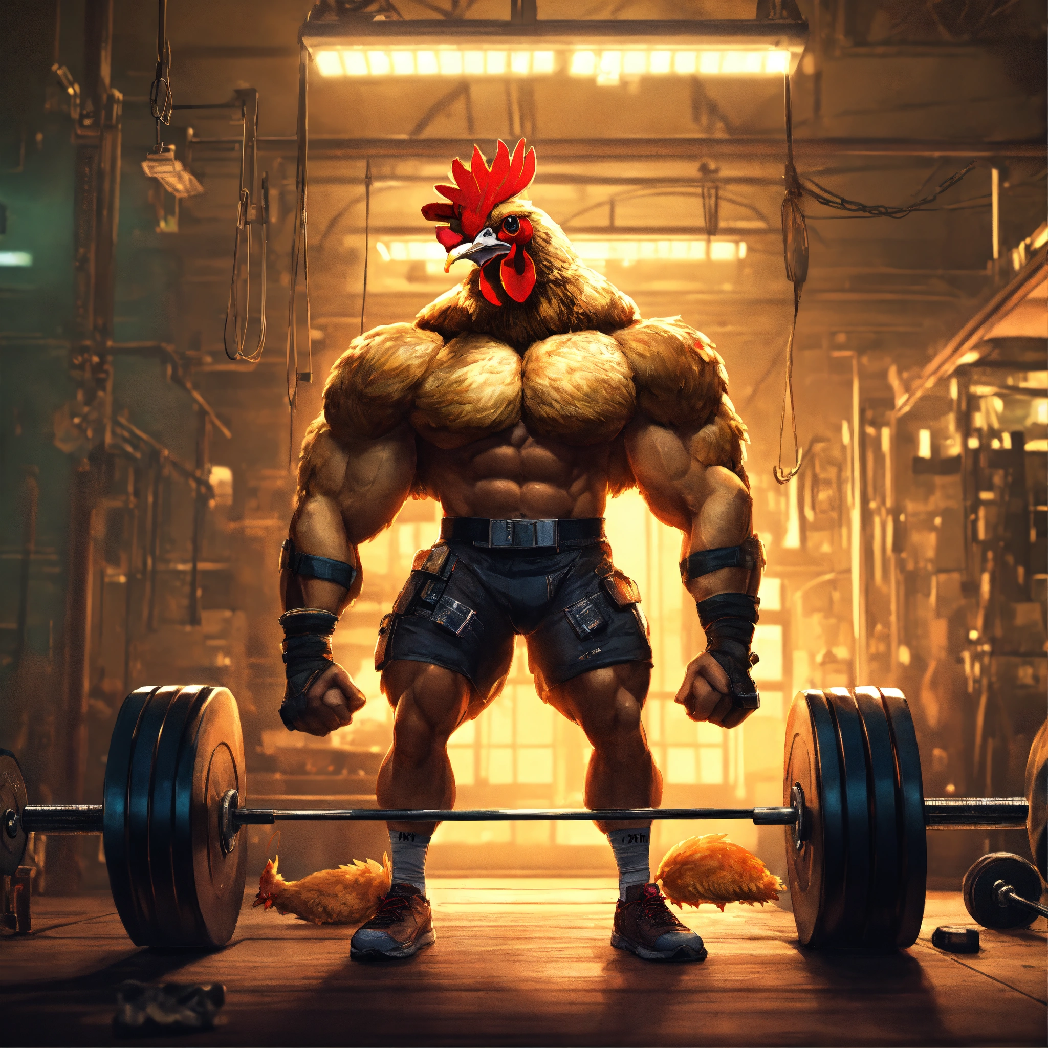 Lexica - Chicken sportsman in the gym lifting weights cyberpunk.