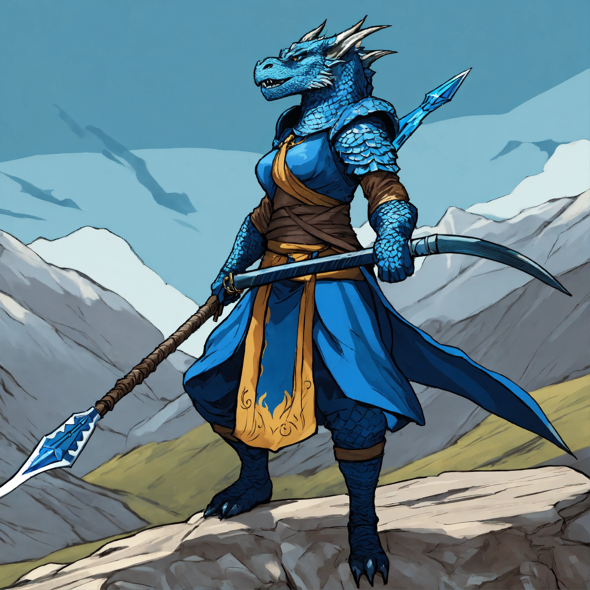 Lexica - Female Blue Dragonborn with a spear, wearing a monk robe ...