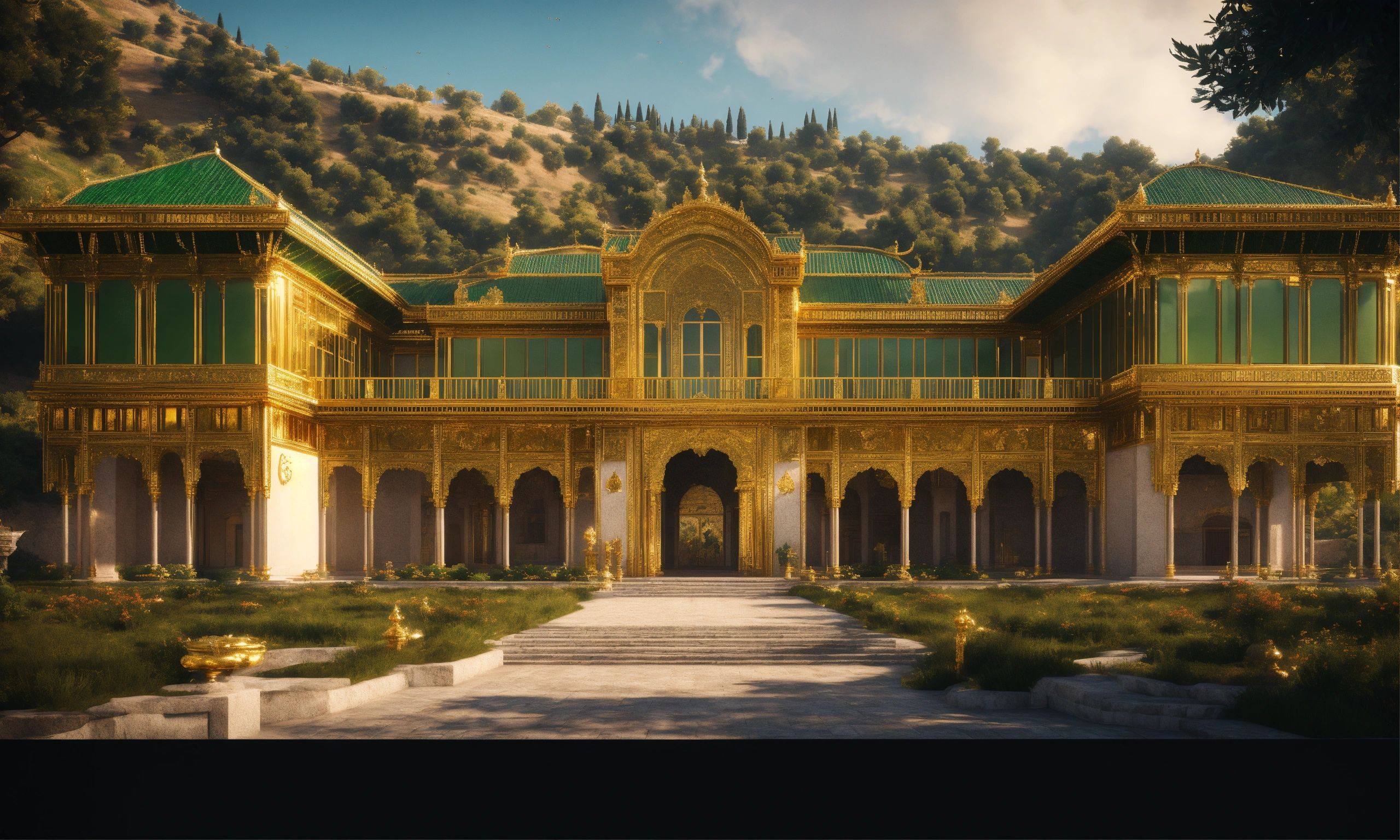 Lexica - Full image of a massive golden palace with a green roof, built ...