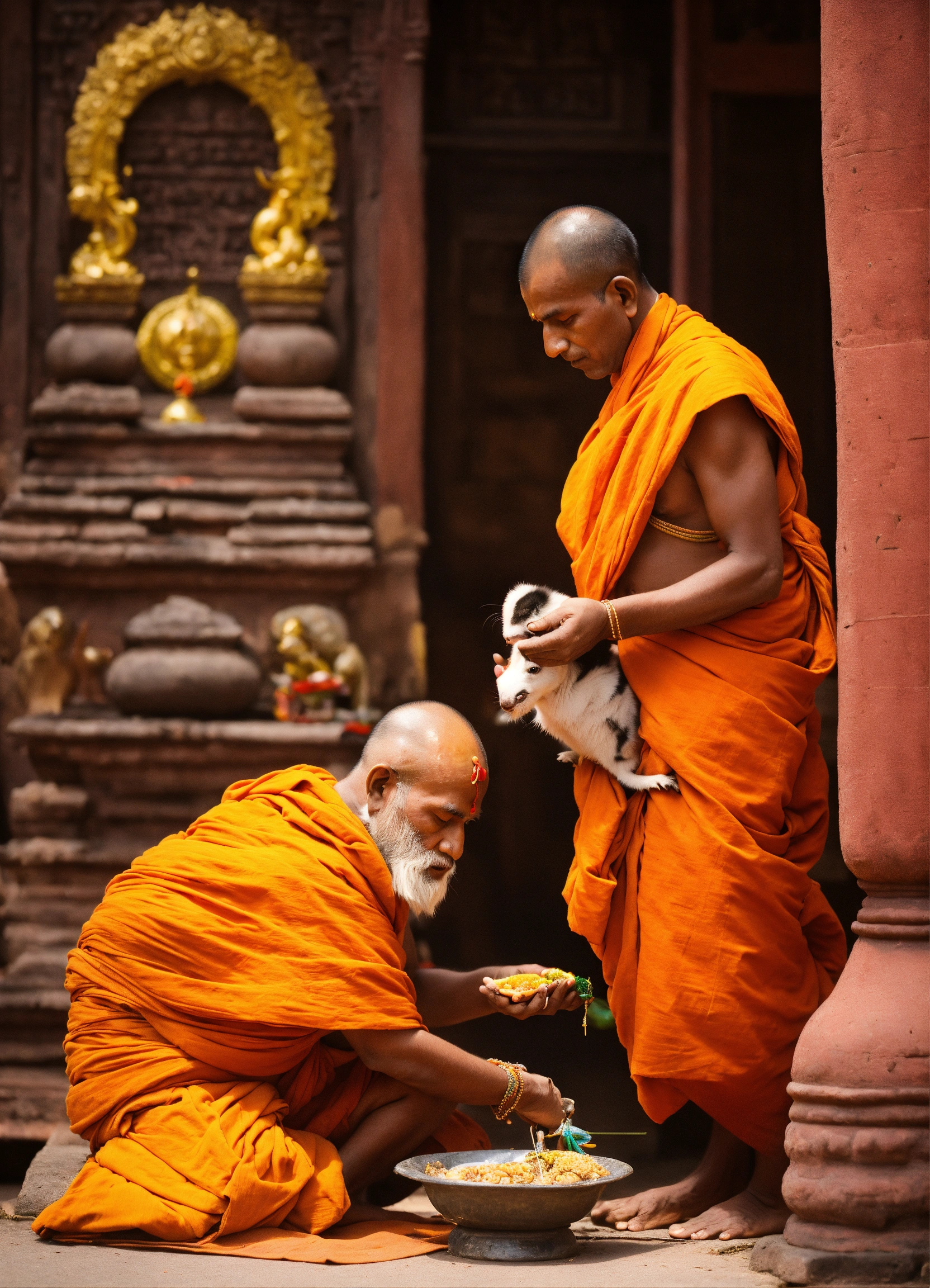 Lexica - Hindu monks taking care of animal, old hindu monestary