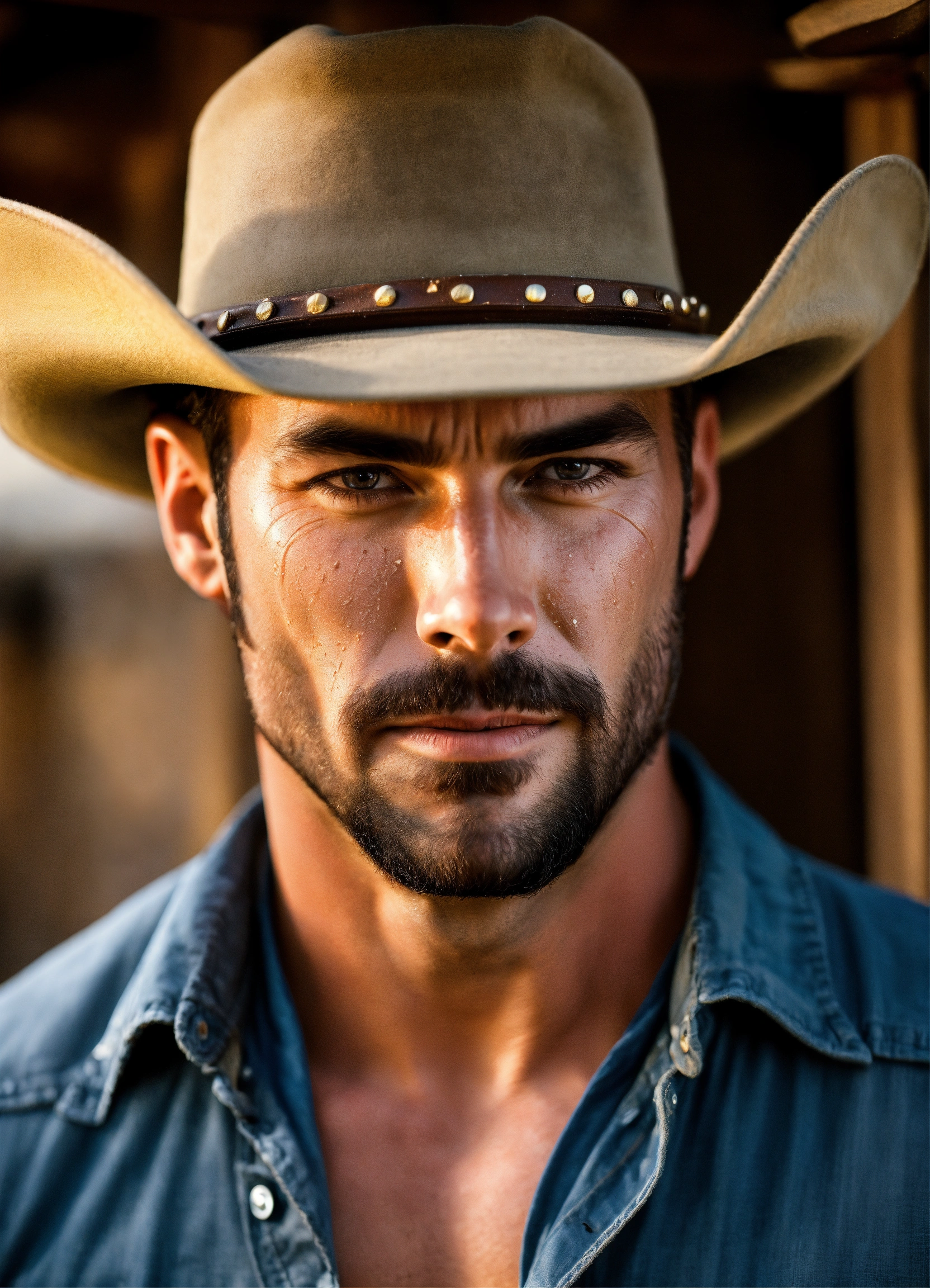 Lexica - A handsome, rugged sweaty muscular cowboy