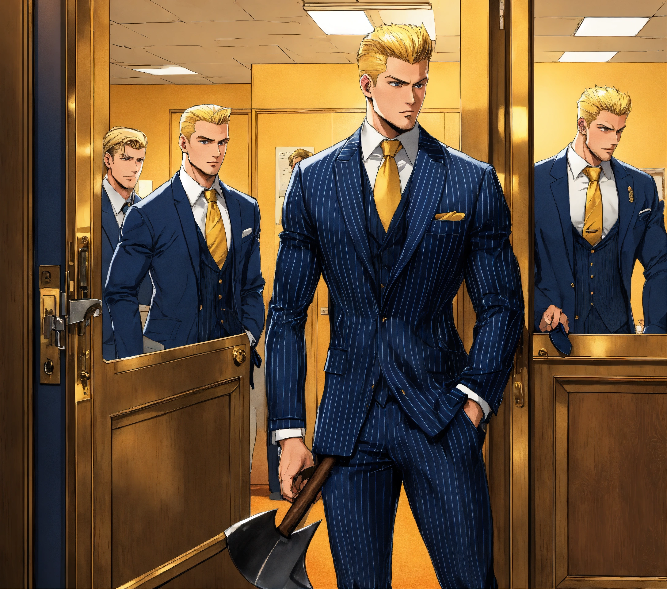 Lexica - Three blonde muscular men, navy pinstripe vested suit, golden ...