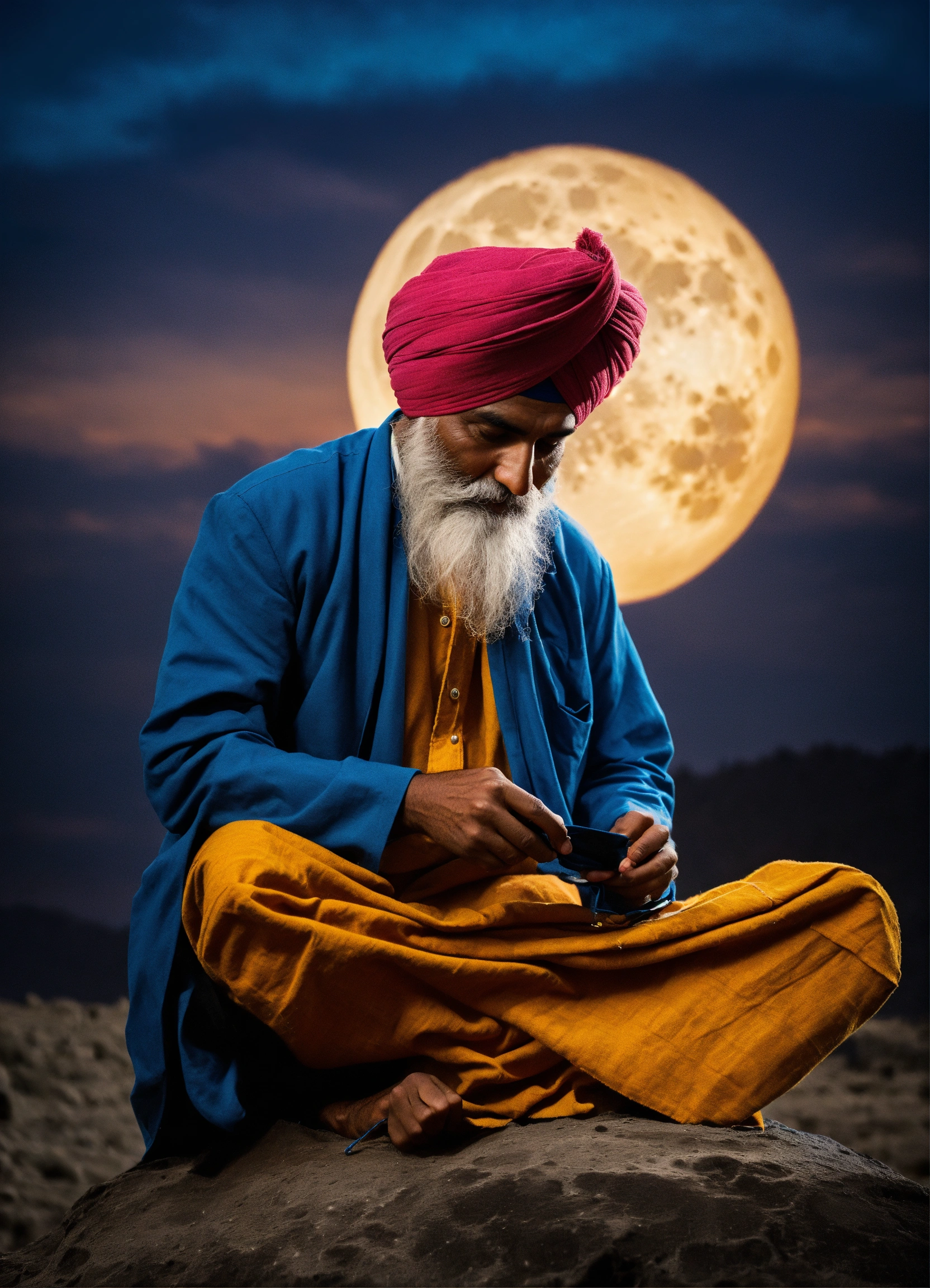 Lexica - Gursikh man stiching clothes,under sky,in moon light