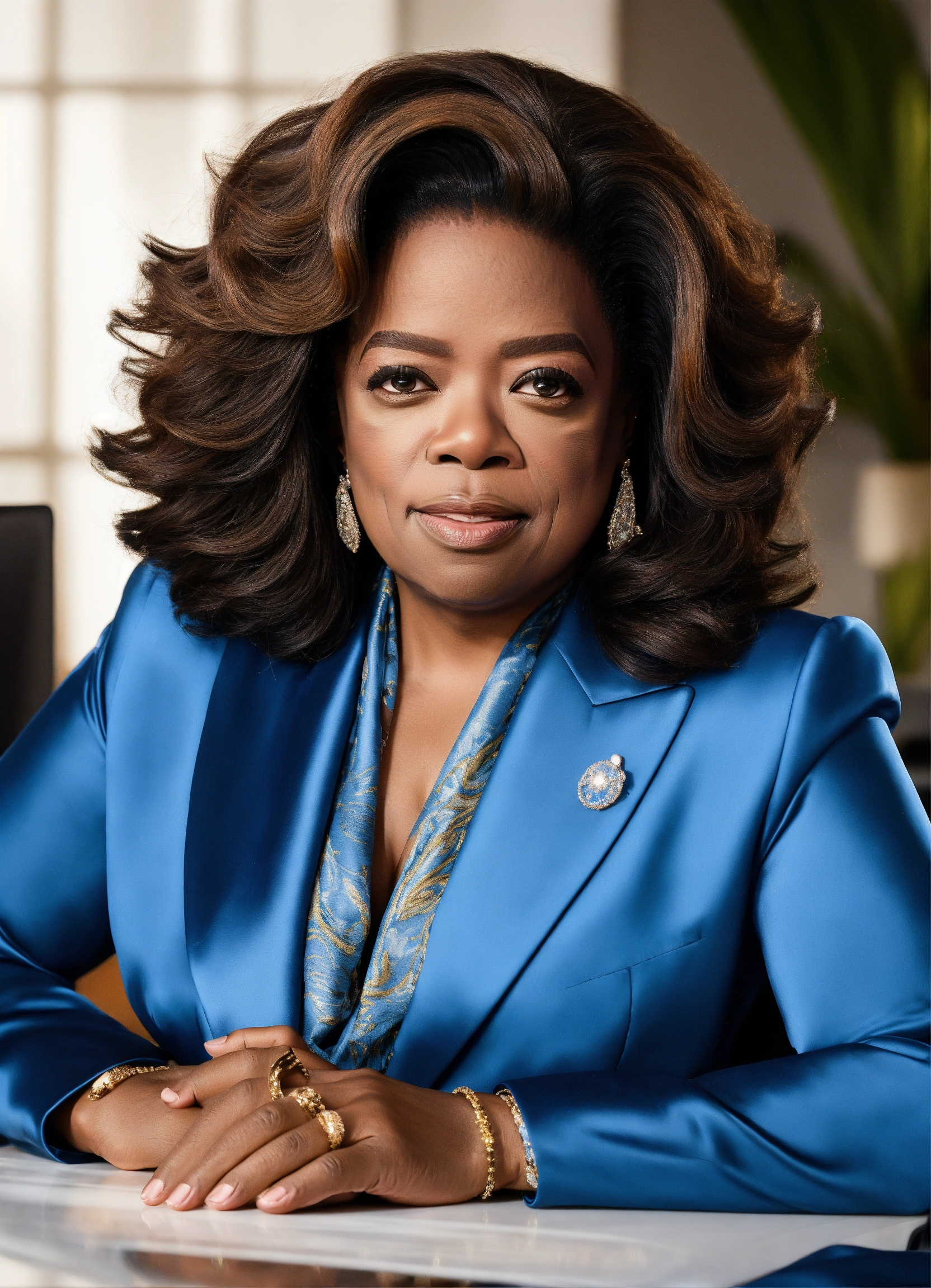 Lexica - Confident portrait of Oprah Winfrey seated behind a desk in ...