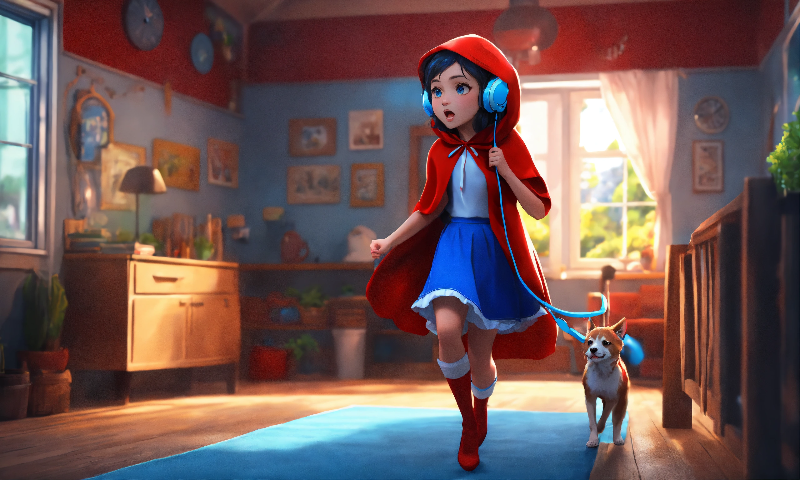 Lexica - Cartoons scared modern Red Riding Hood, wearing short blue ...