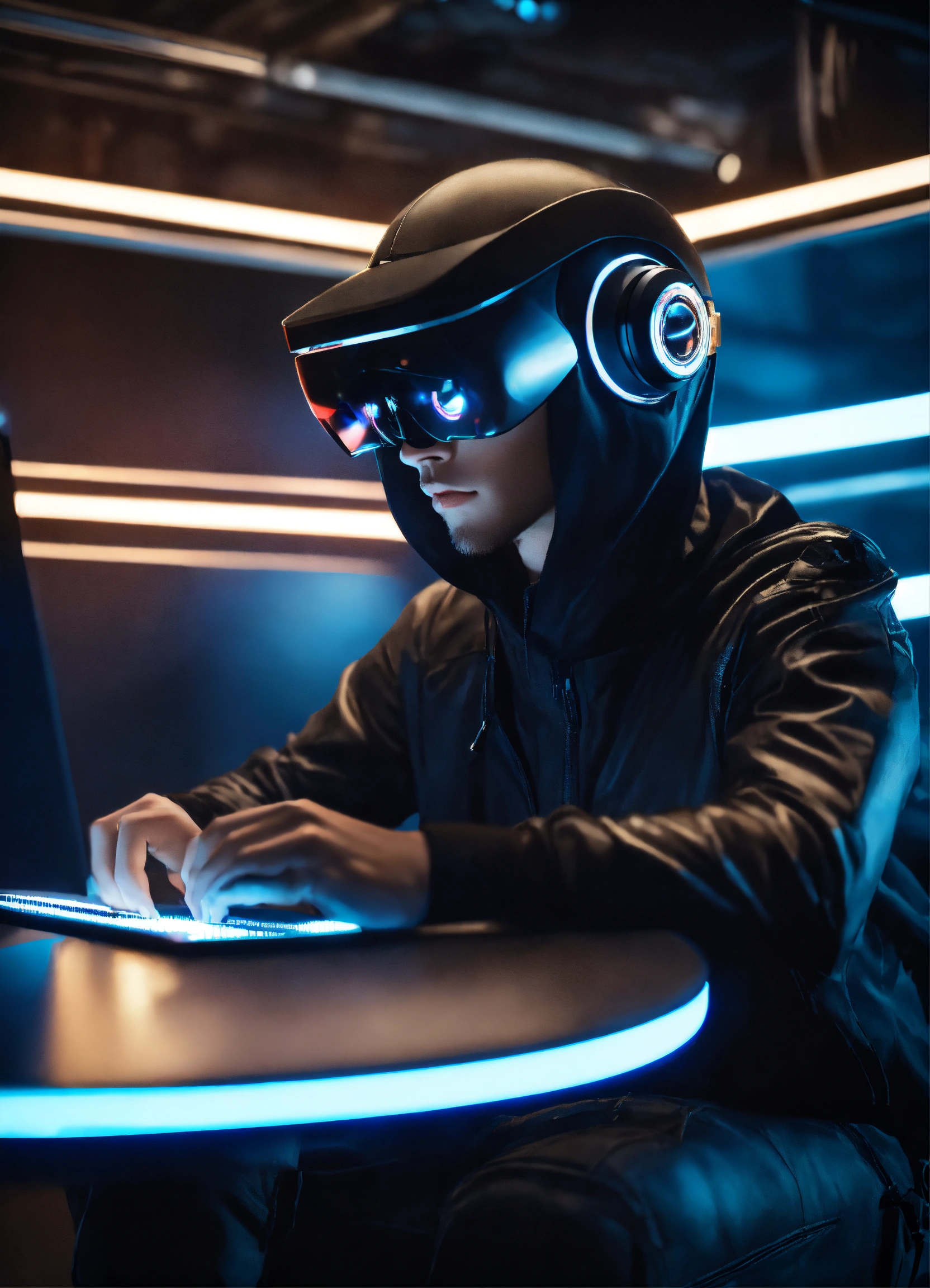 Lexica - Nerdy 25 year old male hacker wearing futuristic clothing, hi ...