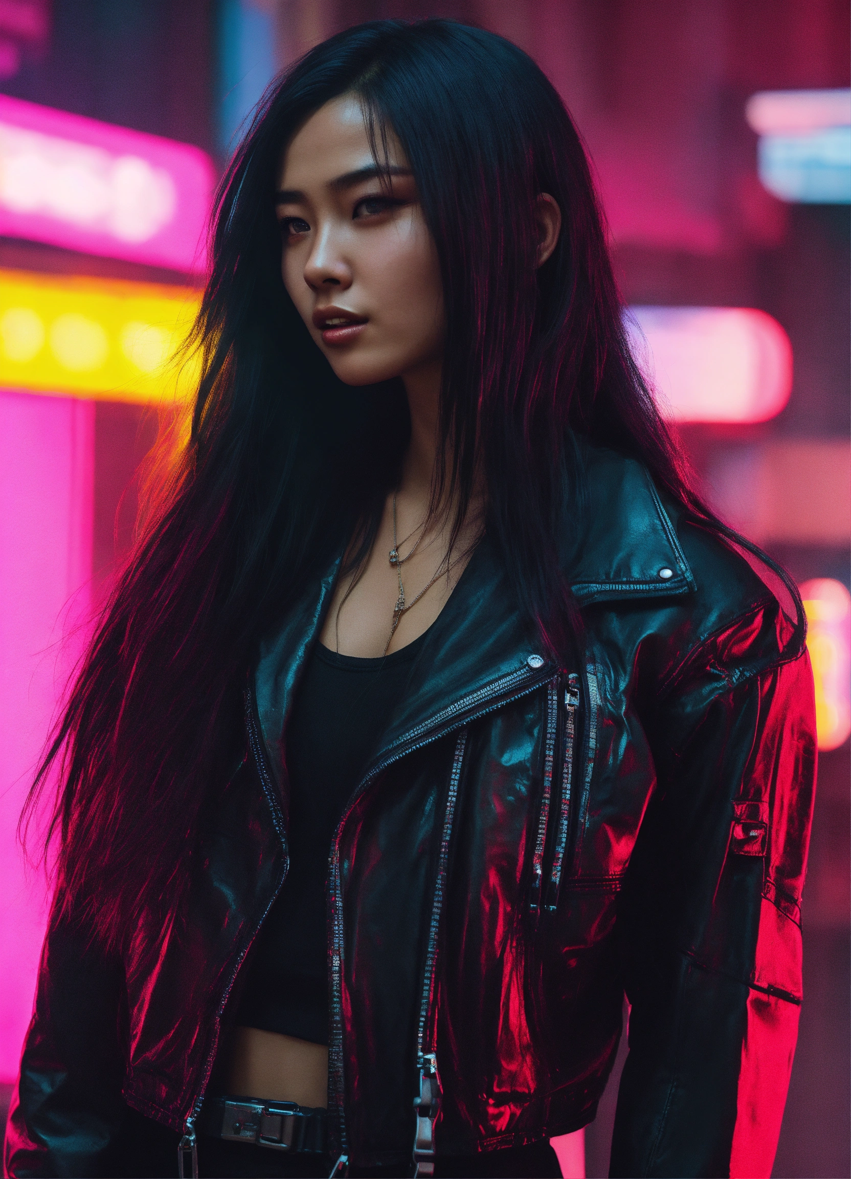 Lexica - Profile shot, bright lights, black very long hair eurasian 20 years old, confident ...