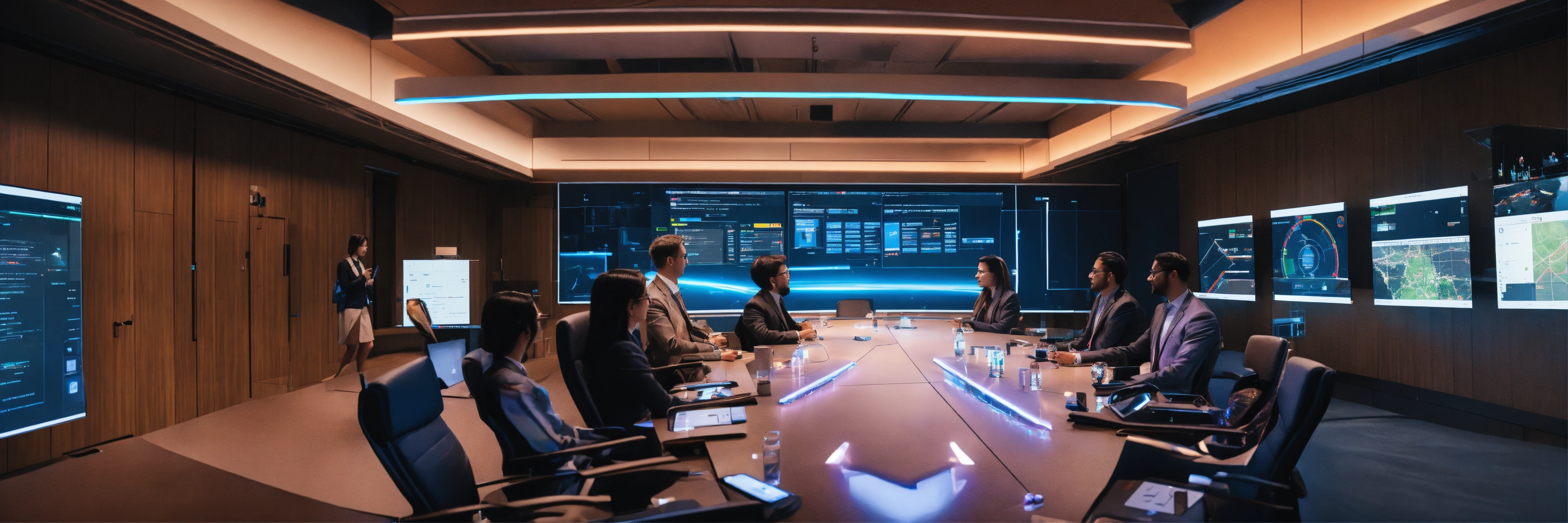 Lexica - A virtual boardroom with holographic AI employees sitting at ...