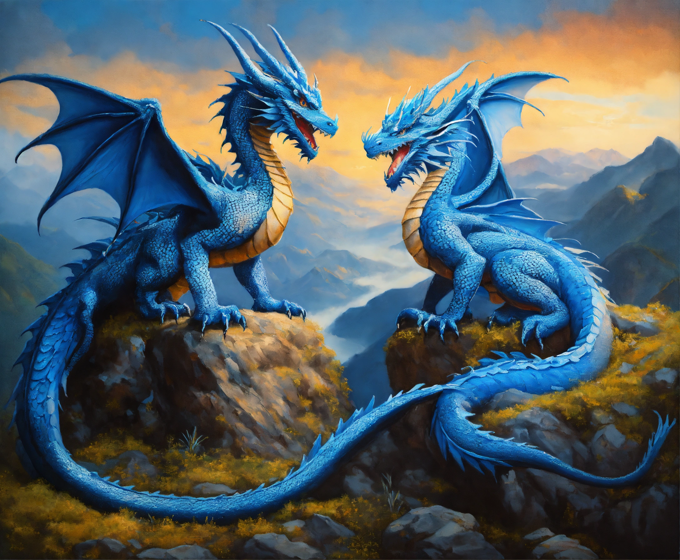 Lexica - Oil painting of two blue dragons touching each other on top of ...