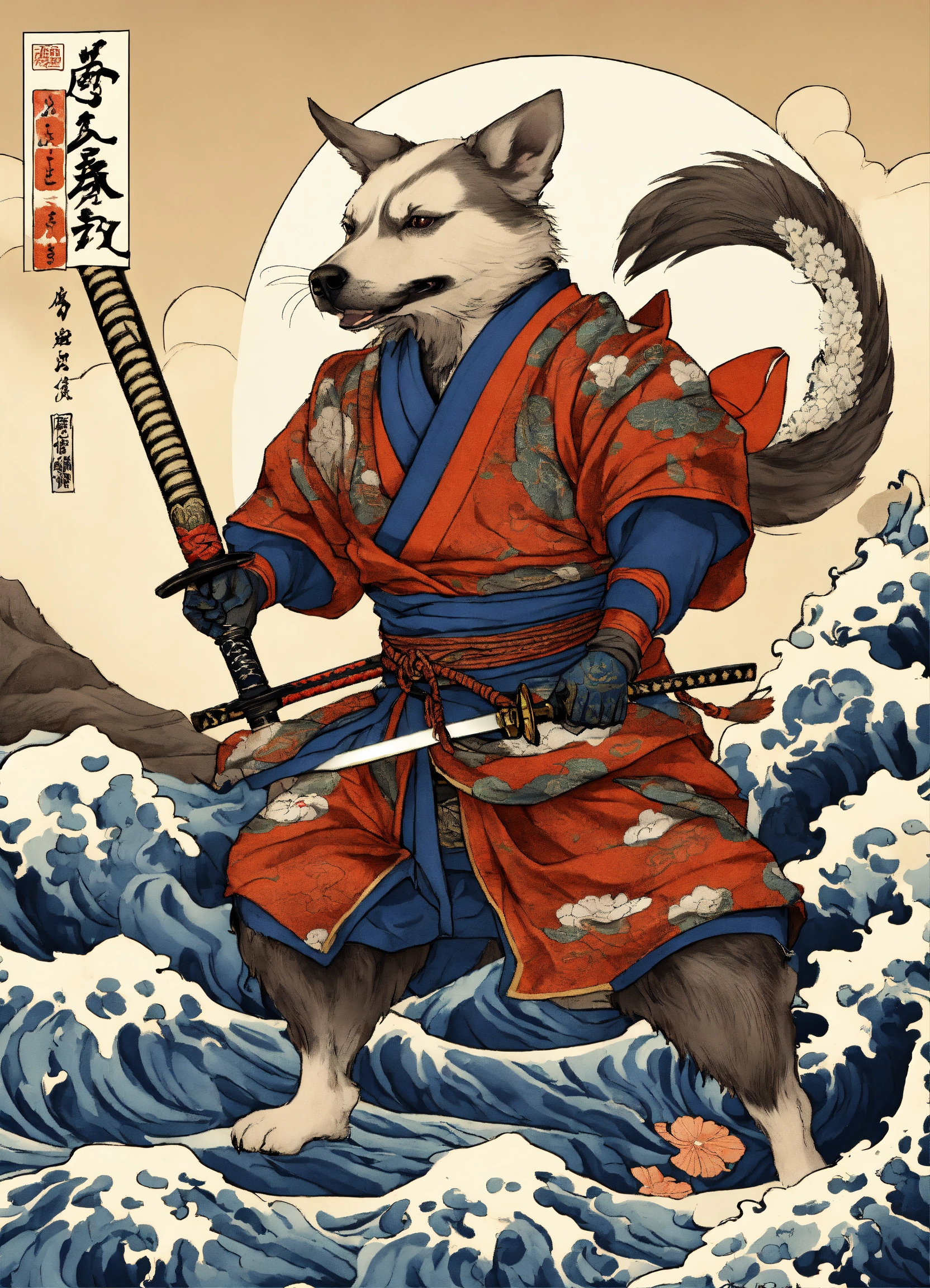 Lexica - There is a dog with a fish and a sword on a white background ...