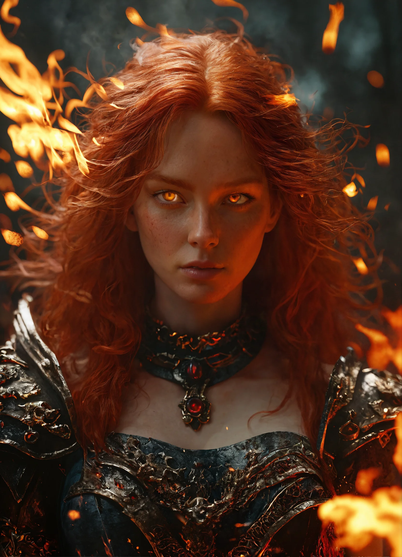 Lexica - "legendary fire goddess", beautiful redhead, huge hair on fire ...