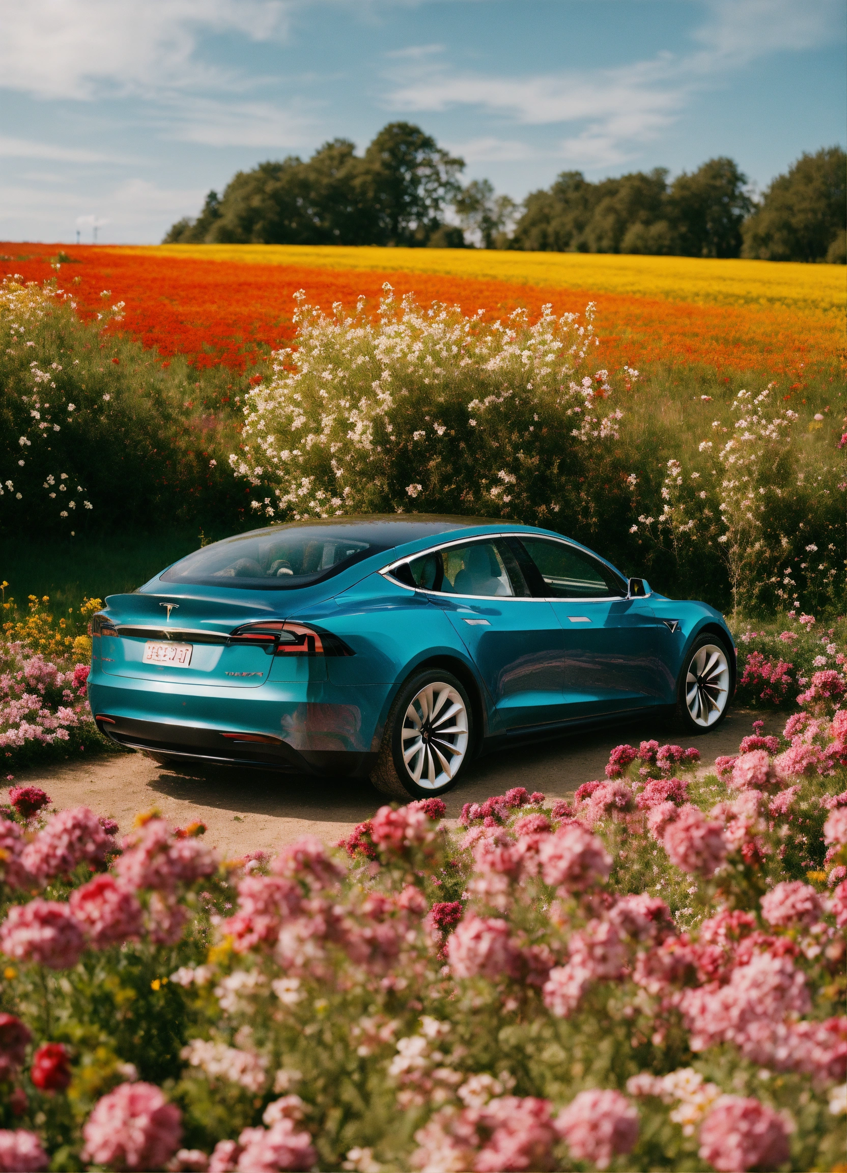 Lexica - A colourful Tesla new model, vintage appearance, wooden ...