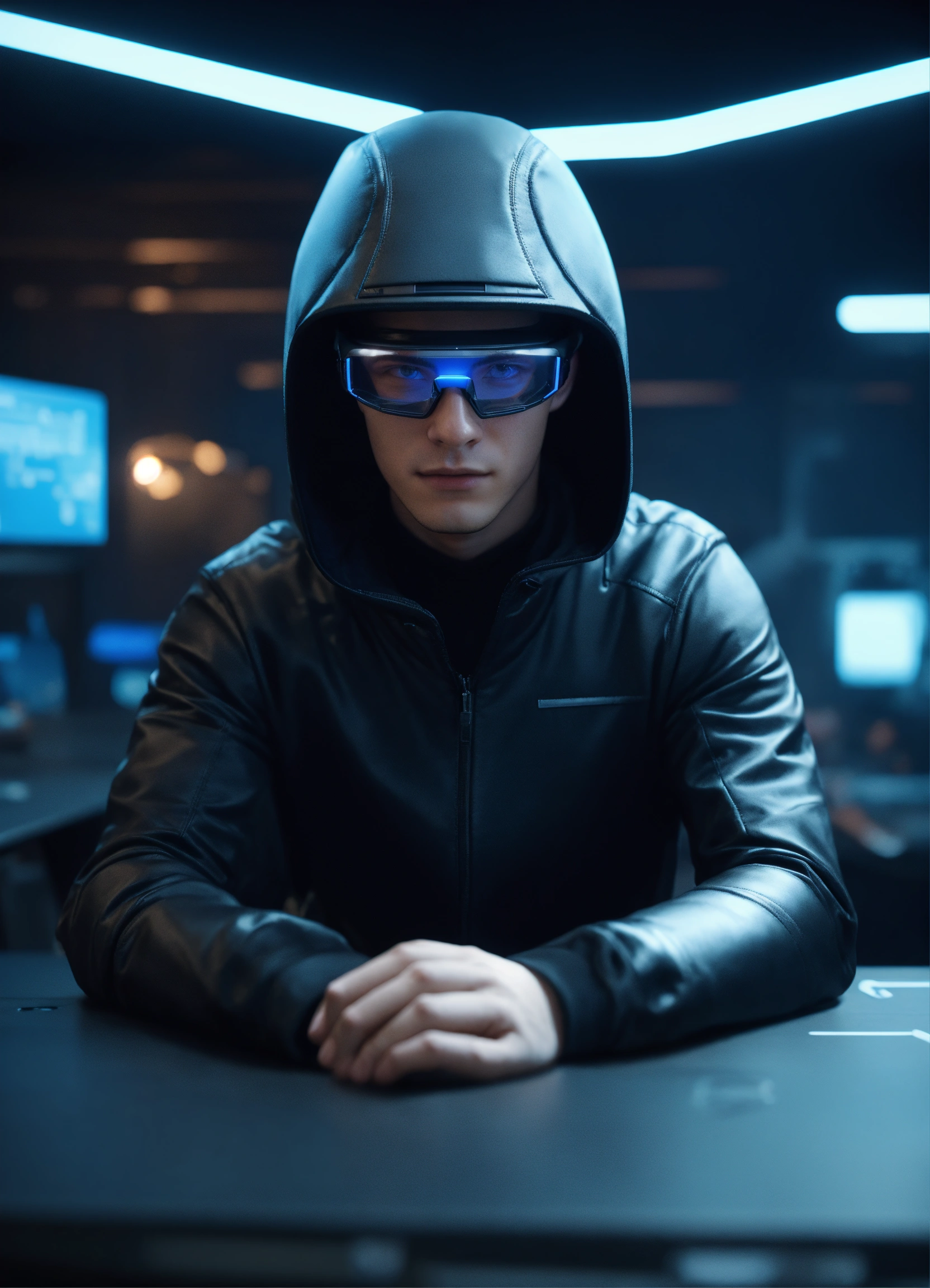 Lexica - Nerdy 20 year old male hacker wearing hi-tech visor glasses ...