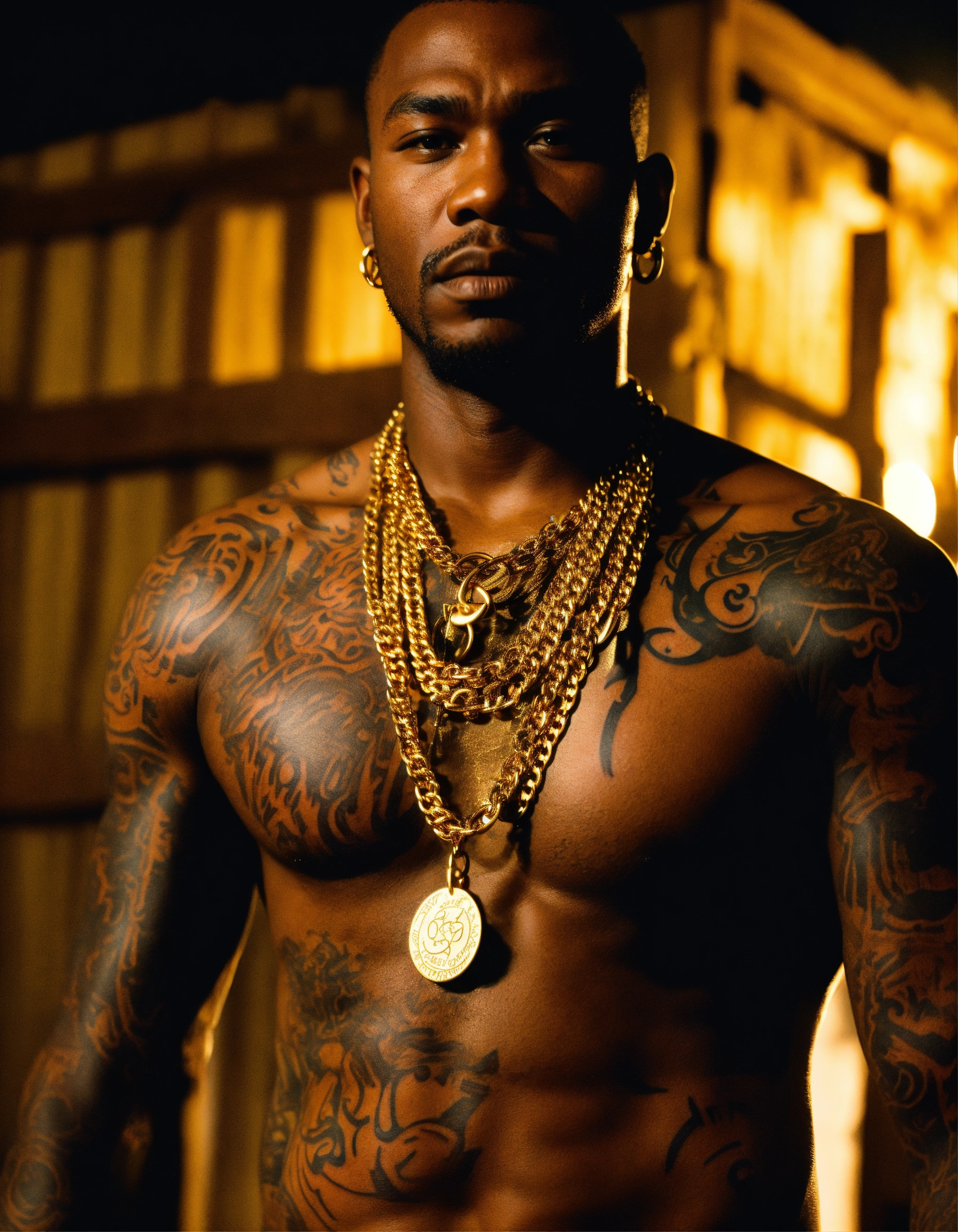 Lexica - A shirtless African-American gang member covered in tattoos ...