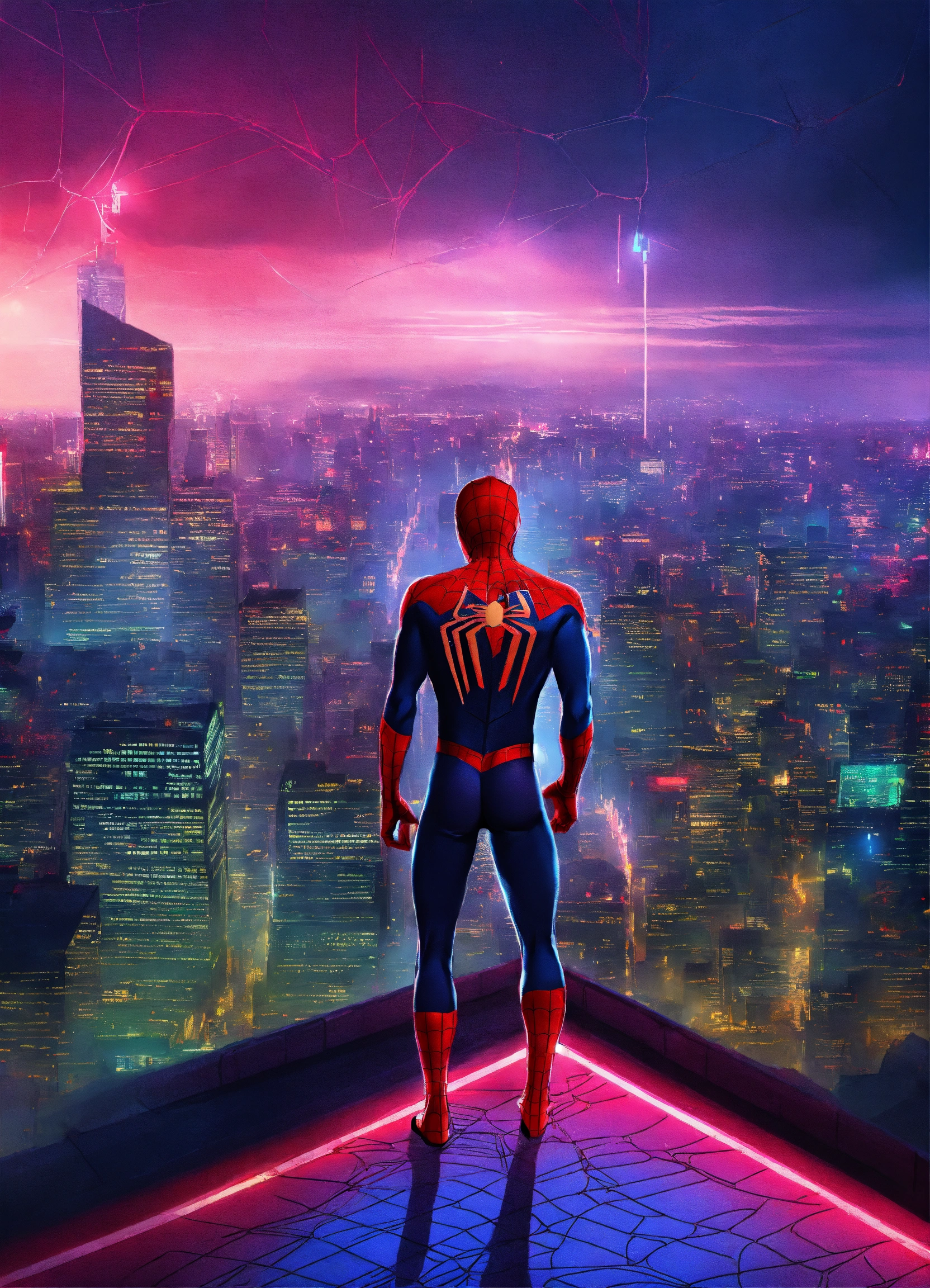 Lexica - Spiderman surreal city background with neon lights.