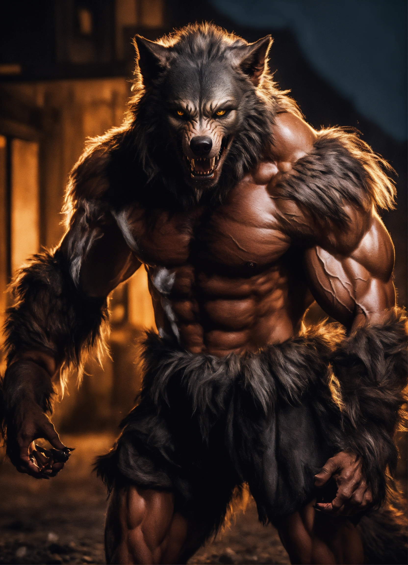 Lexica - Scary werewolf with beautiful eyes, full body muscular