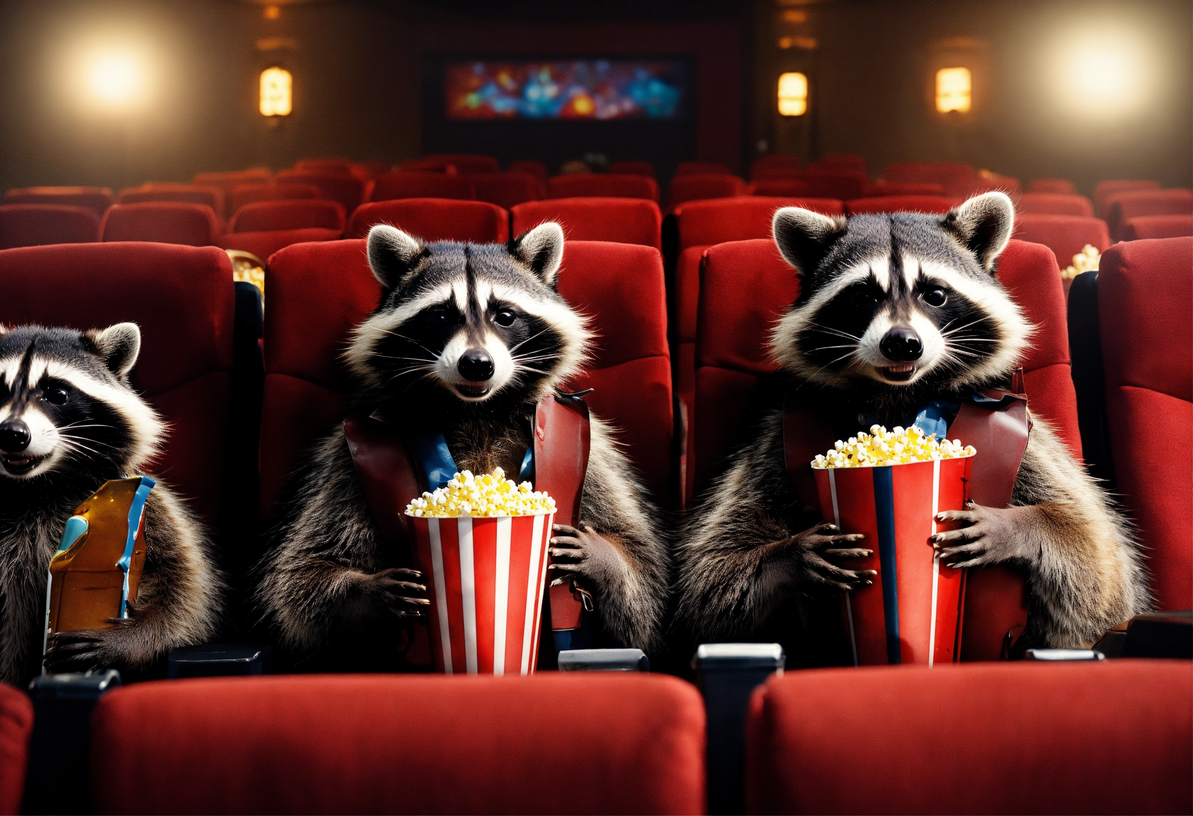 Lexica - Cute raccoons sitting in a movie theater eating popcorn and ...