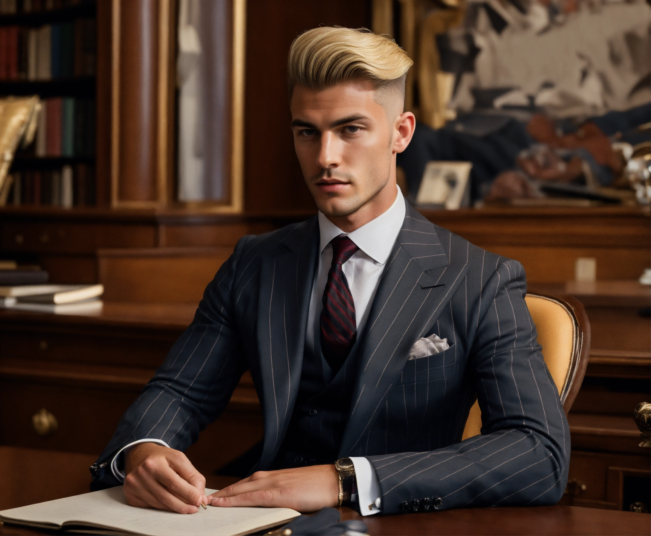 Lexica - A young Italian muscled gentleman in dark grey pinstripe suit, club tie, blonde ...