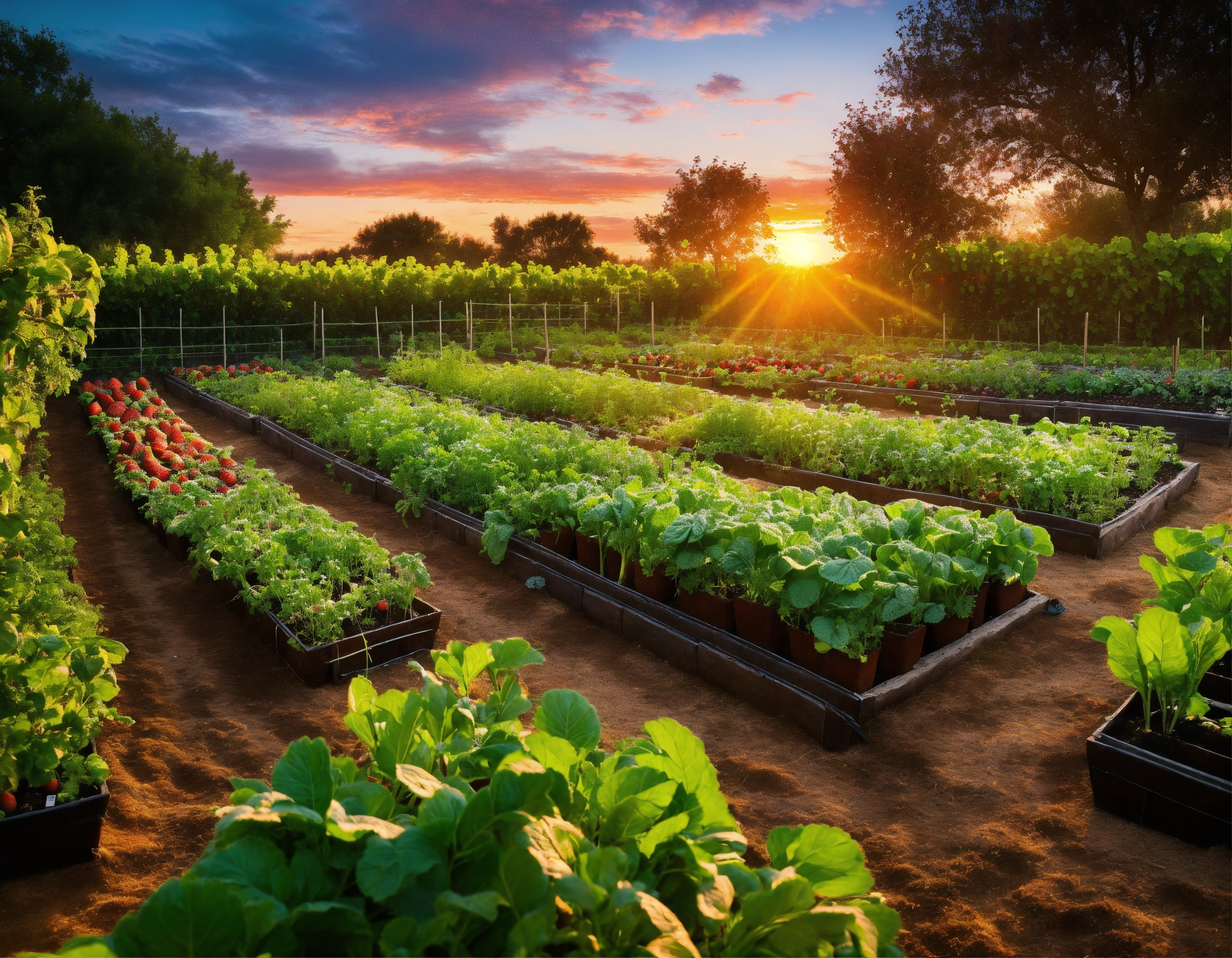 Lexica - Sunset over a heavenly vegetable garden surrounded by apple ...