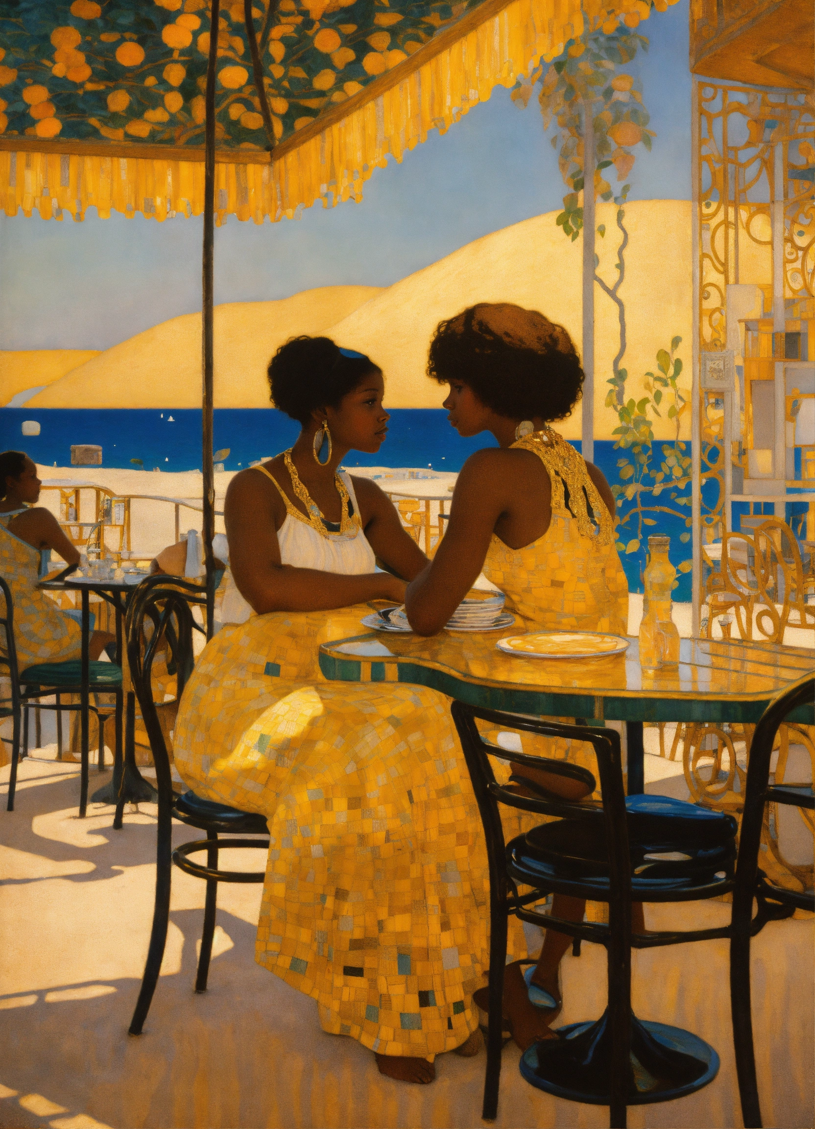 Lexica - An African American girl sitting in a beachfront restaurant ...