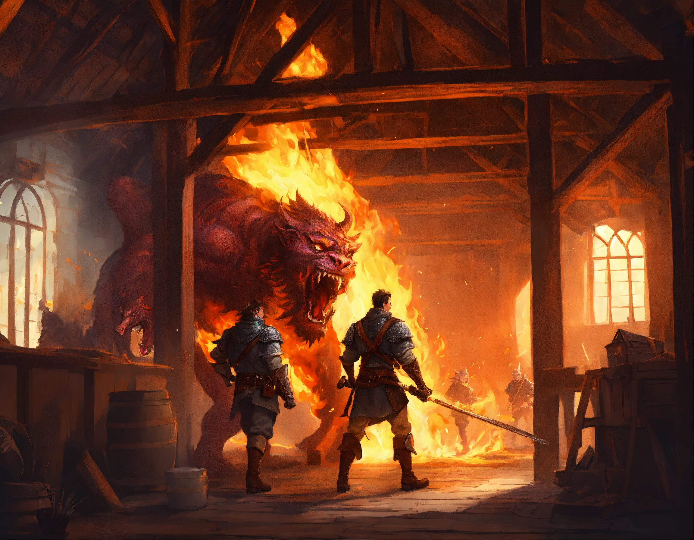 Lexica - Fantasy adventurers in an old barn battling fire gargoyles ...