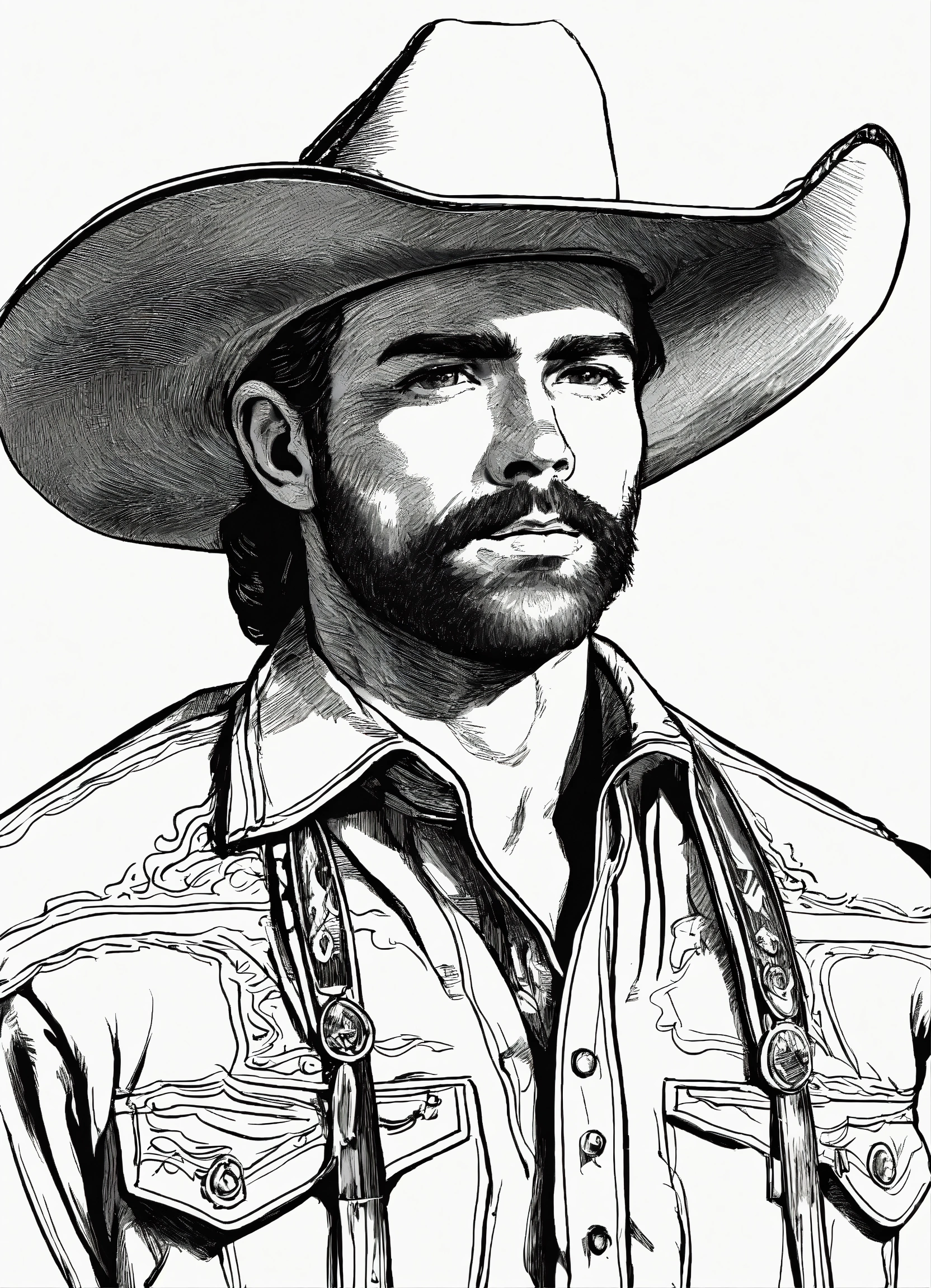 Lexica - Black and white line drawing of vaquero man, upper body, white ...
