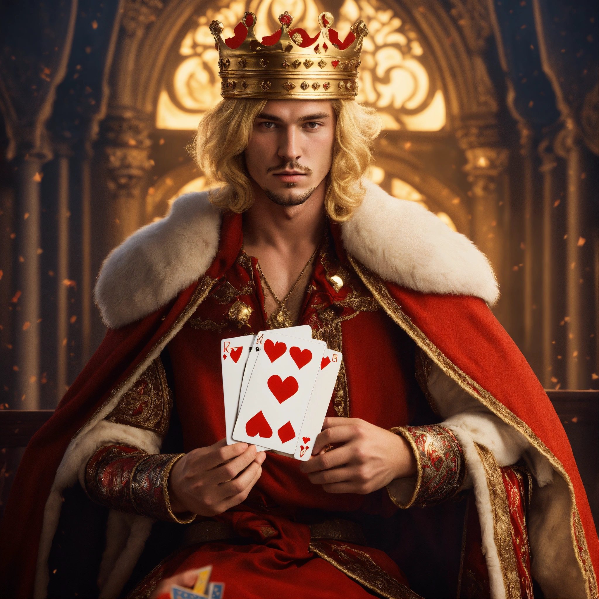 Lexica - Medieval fantasy blonde king with a fancy robe holding a deck ...