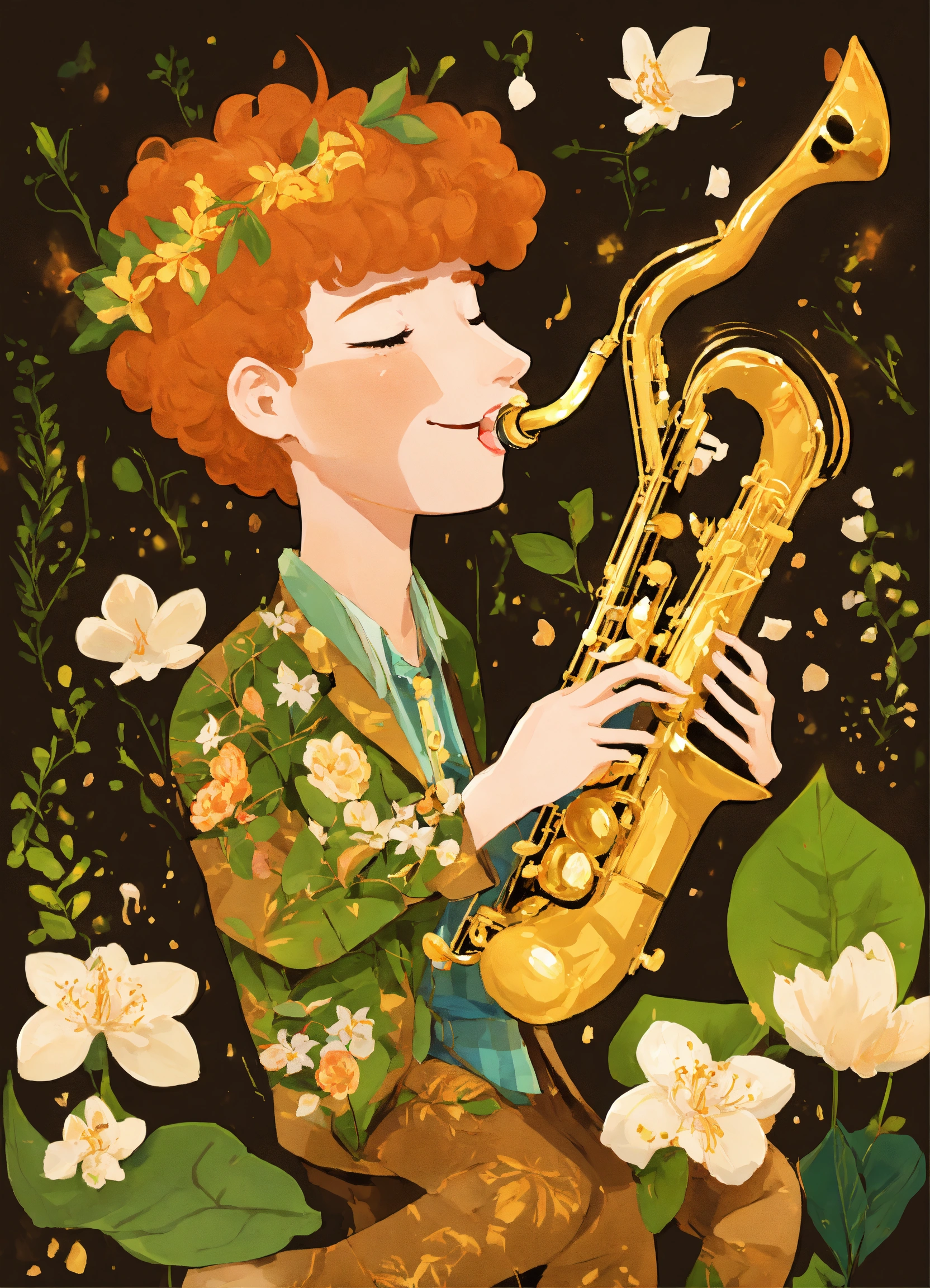 Lexica - Ginger male playing a saxophone from which musical notes and ...