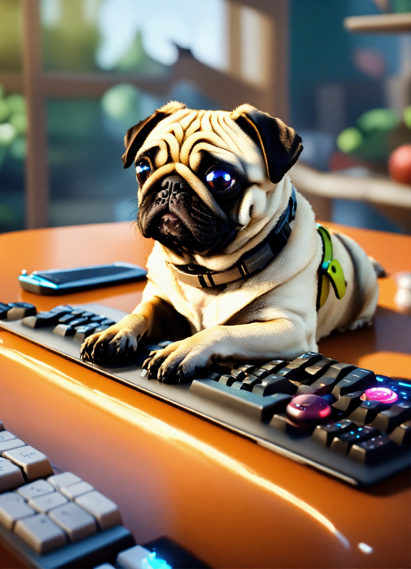 Lexica - Cute pug dog with bionic eye on a floating circular platform typing on a keyboard ...