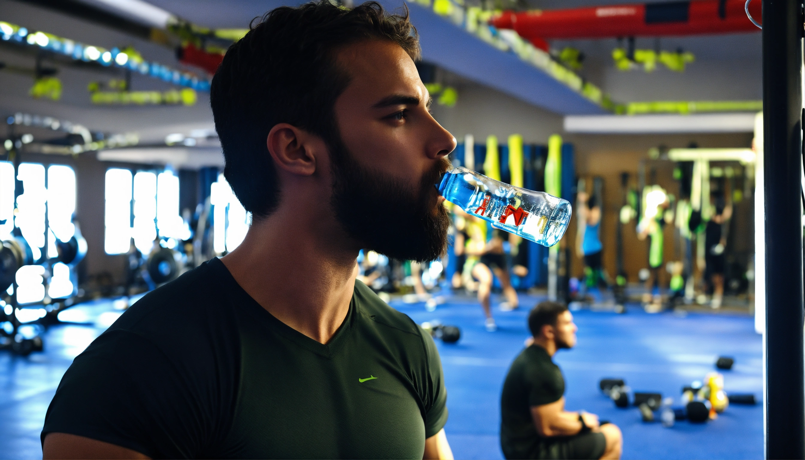 Lexica - A motivated personal trainer drinking water in a gym.