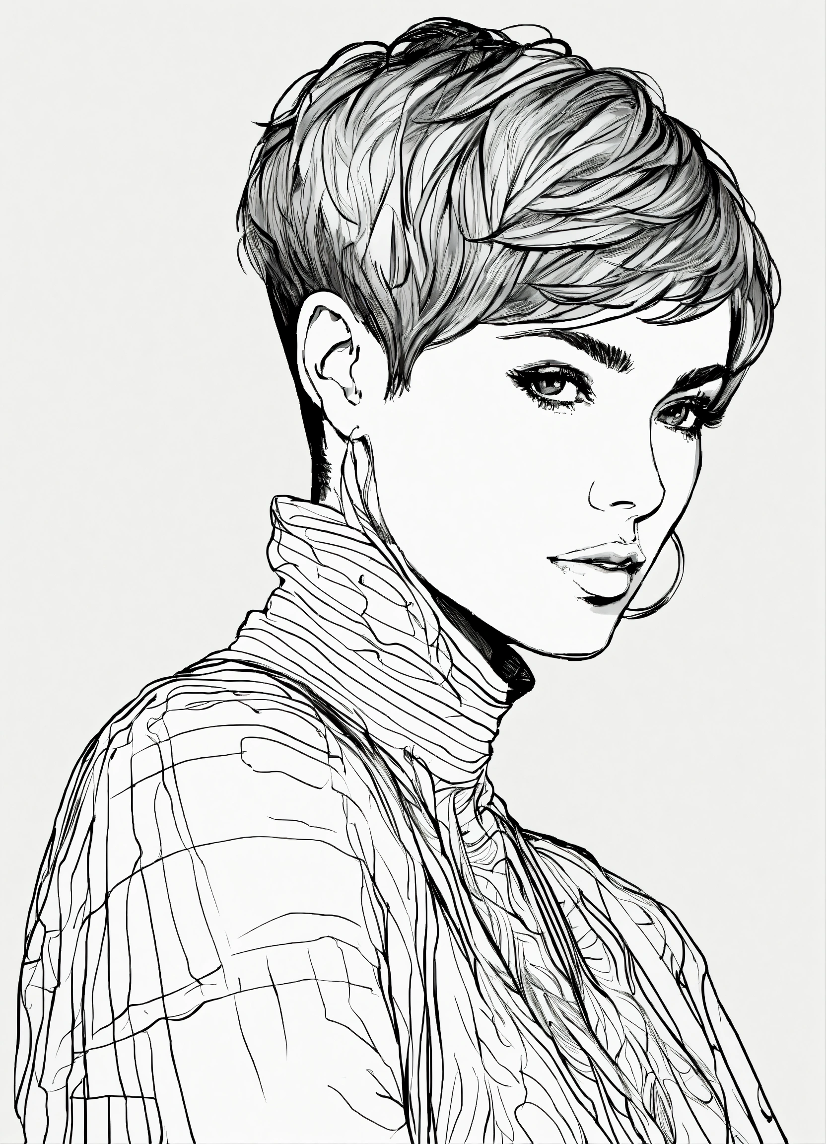 Lexica - Black and white line drawing, woman, pixie cut, upper body ...