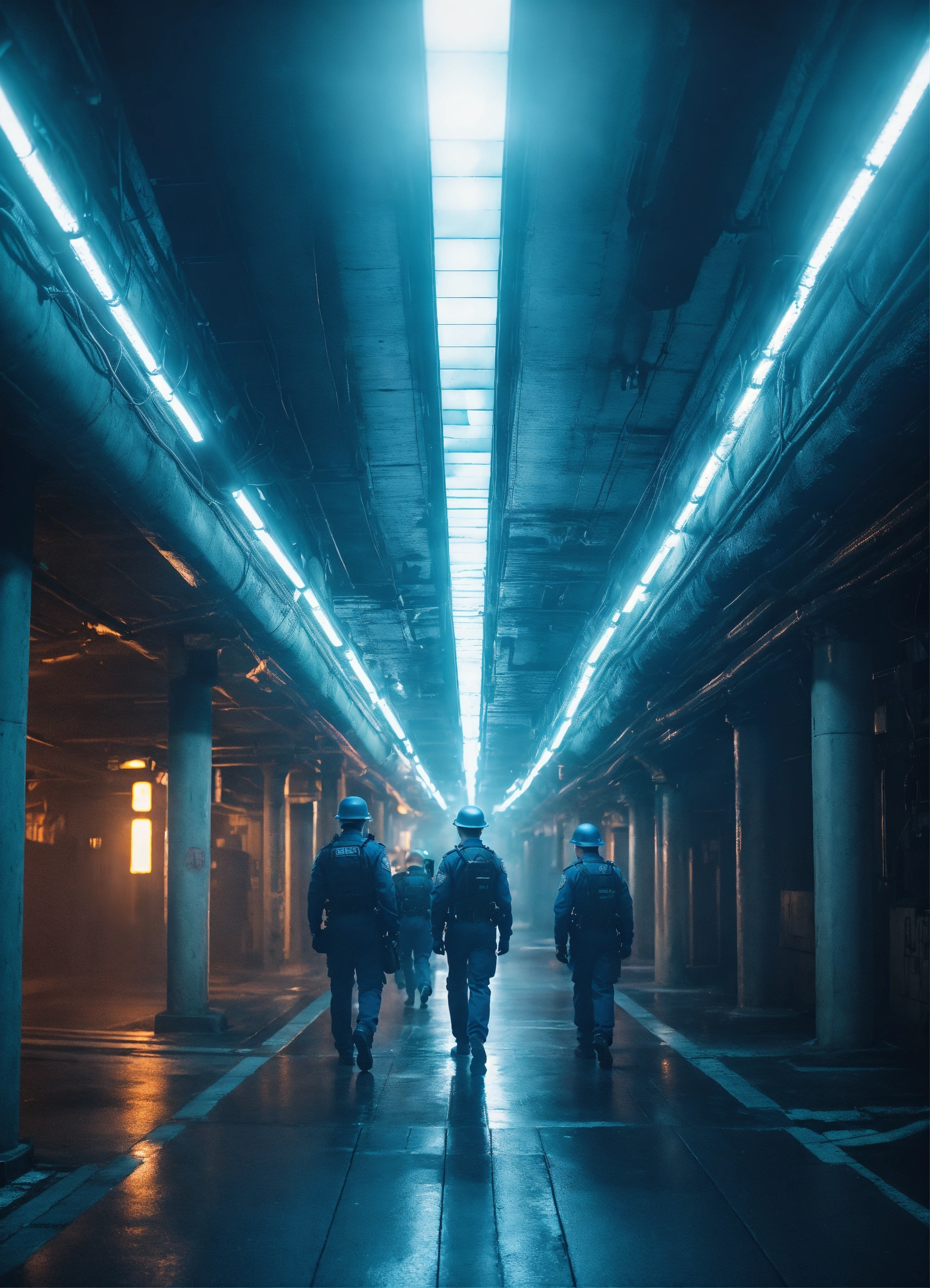 Lexica - Underground metropolis. Cool lighting, blue tones. People in ...