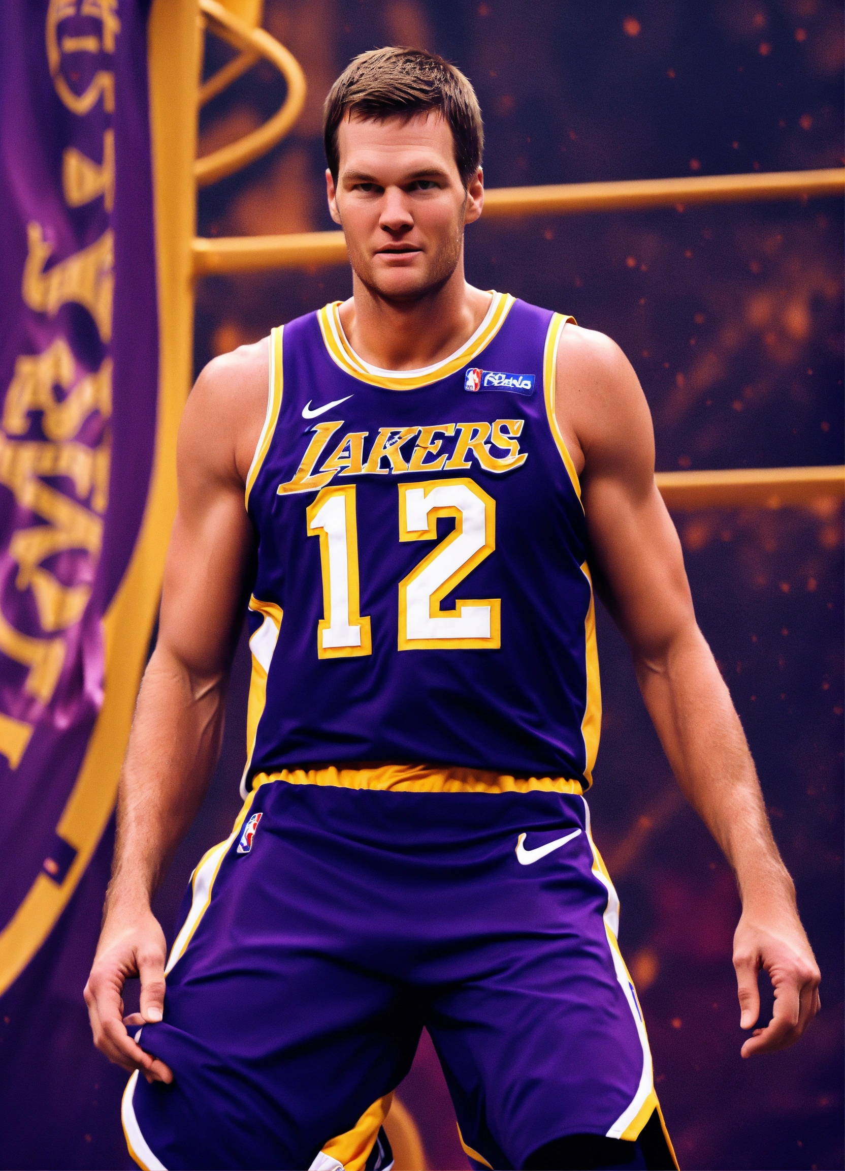 Lexica - Tom Brady in a Los Angeles Lakers jersey.