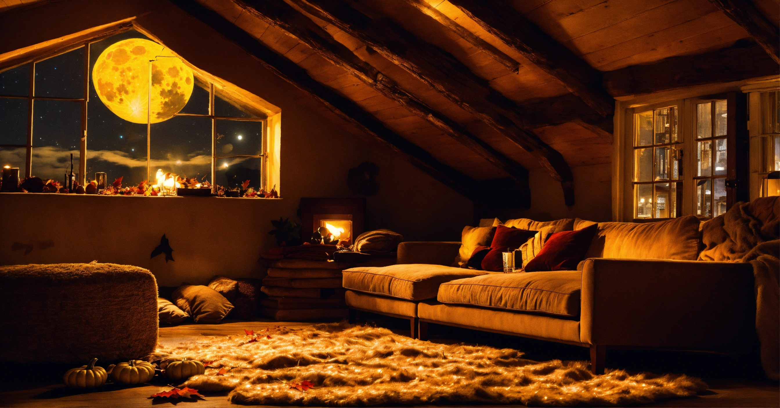 Lexica - Night time attic, fall leaves, night window, fluffy rug ...