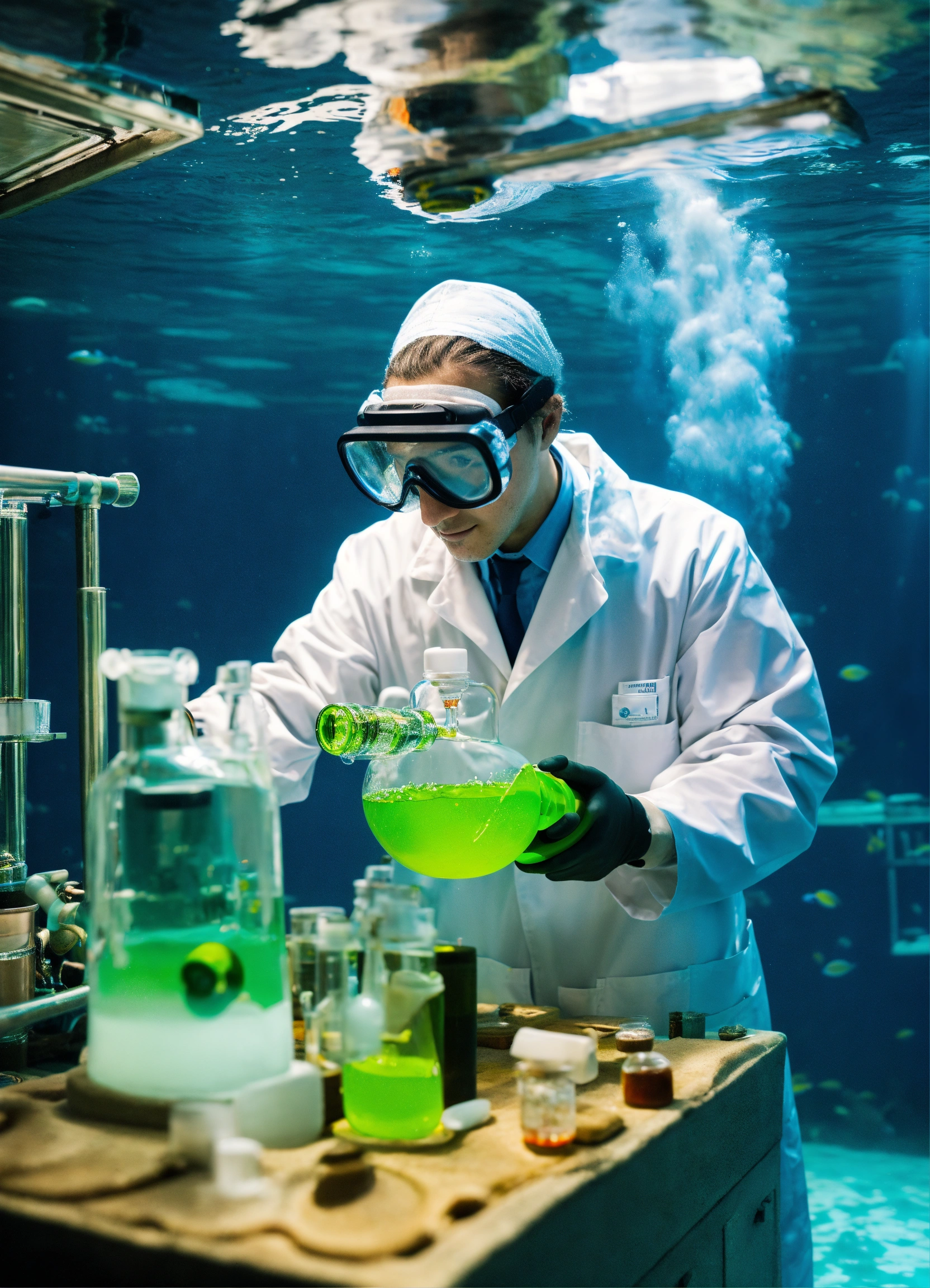 Lexica - A seahorse scientist in an underwater laboratory wearing ...