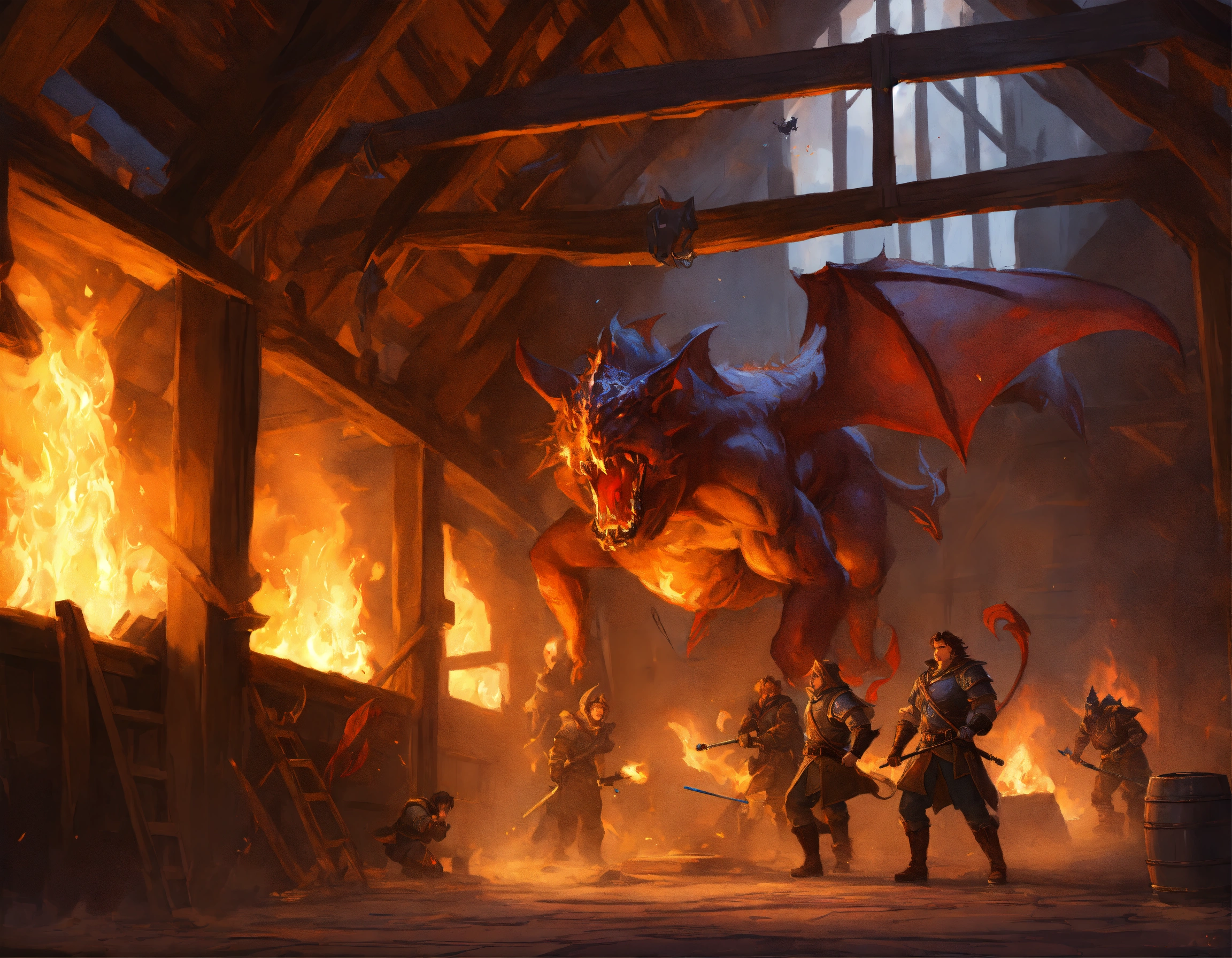 Lexica - Fantasy adventurers in an old barn battling fire gargoyles ...